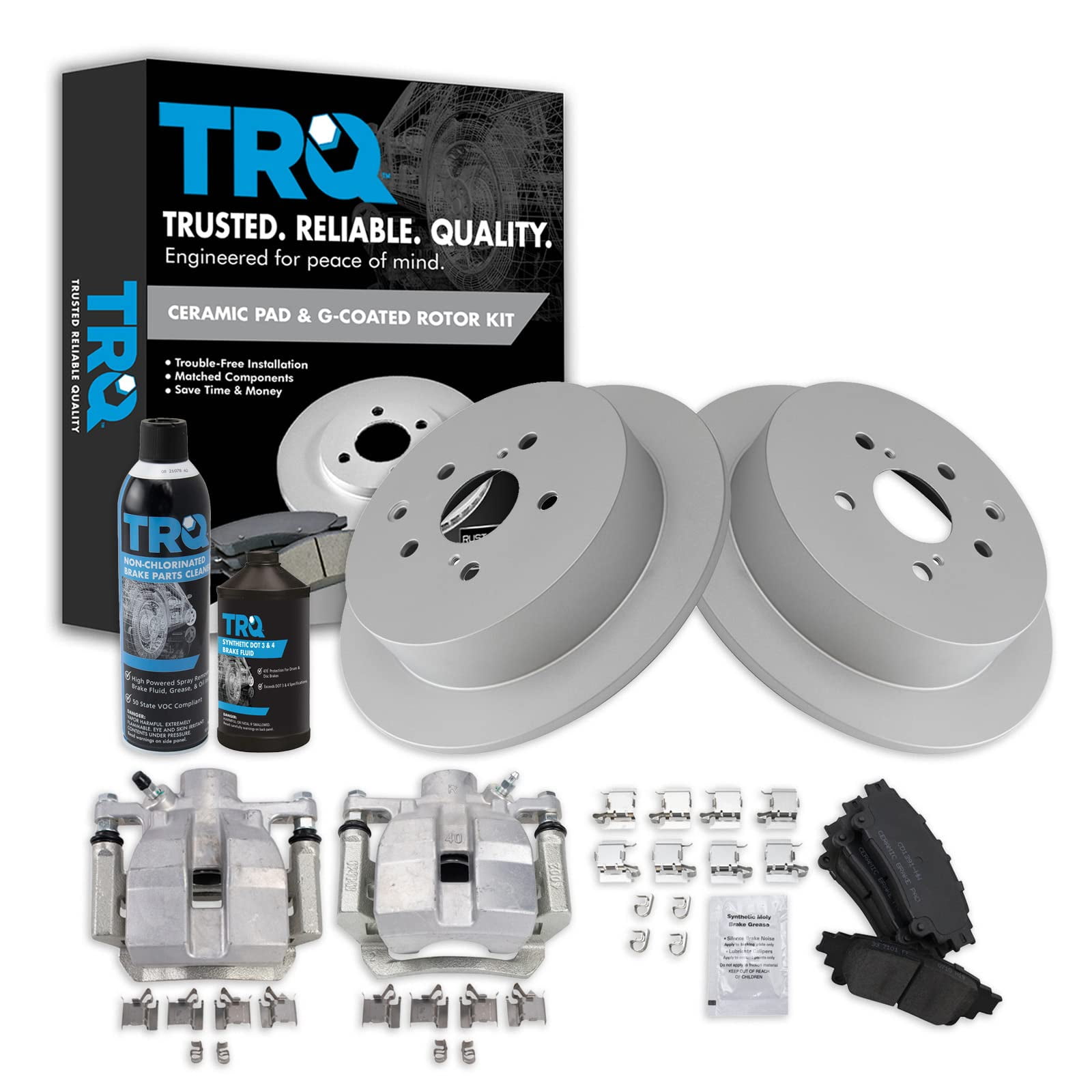 TRQ Rear Ceramic Brake Pad Coated Rotor & Caliper Kit w/ Chemicals for ...