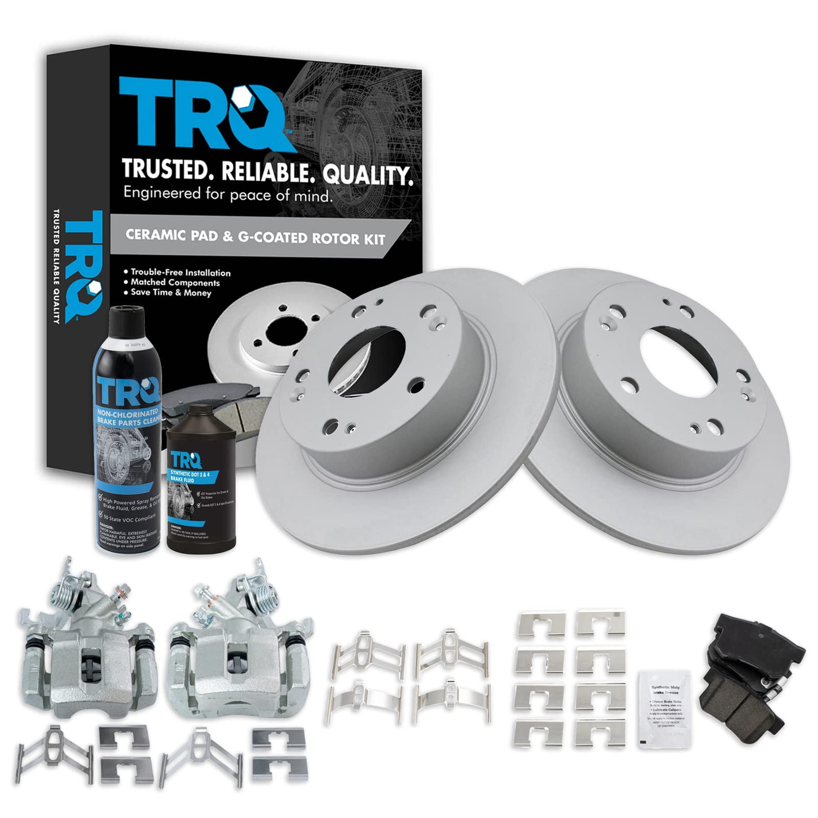 TRQ Rear Ceramic Brake Pad Coated Rotor & Caliper Kit w/Fluids for Honda Acura BKA23383 Fits ...