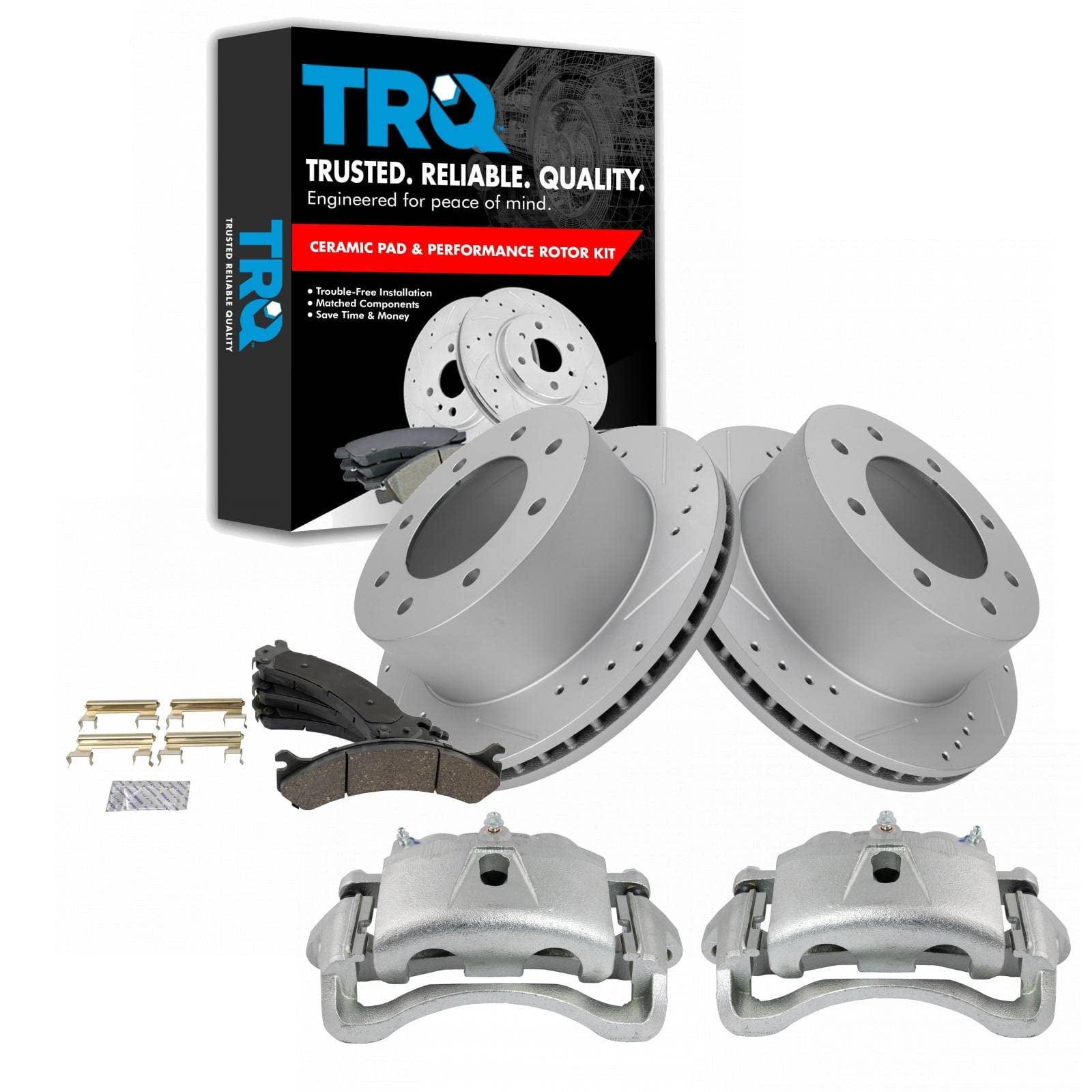 TRQ Rear Ceramic Brake Pad Performance Rotor & Caliper Kit Fits Select ...