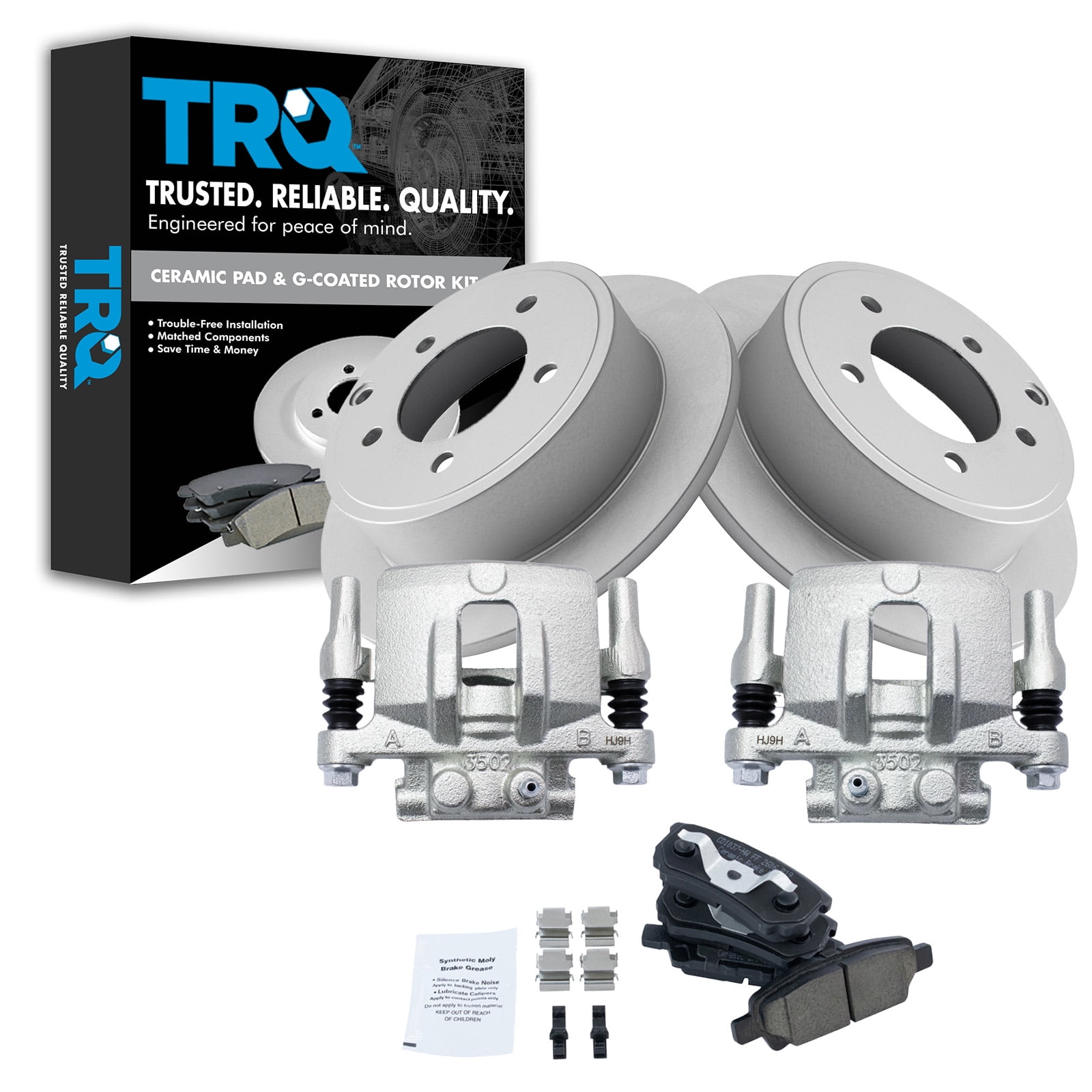 TRQ Rear Ceramic Pads G-Coated Rotors Calipers & Hoses Kit Fits Select ...