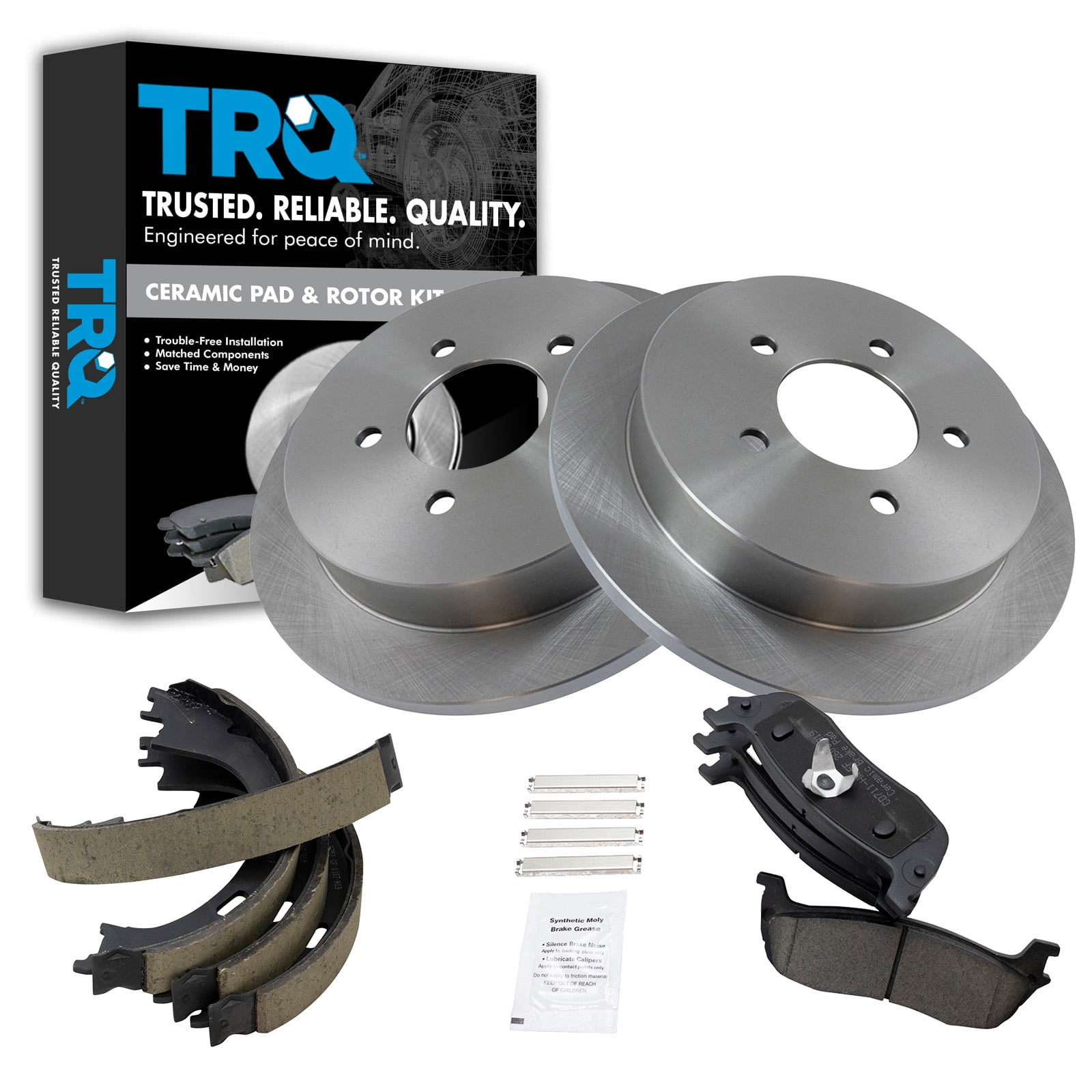 TRQ Rear Disc Brake Kit Ceramic Brake Pads Rotors Parking Shoes Fits ...