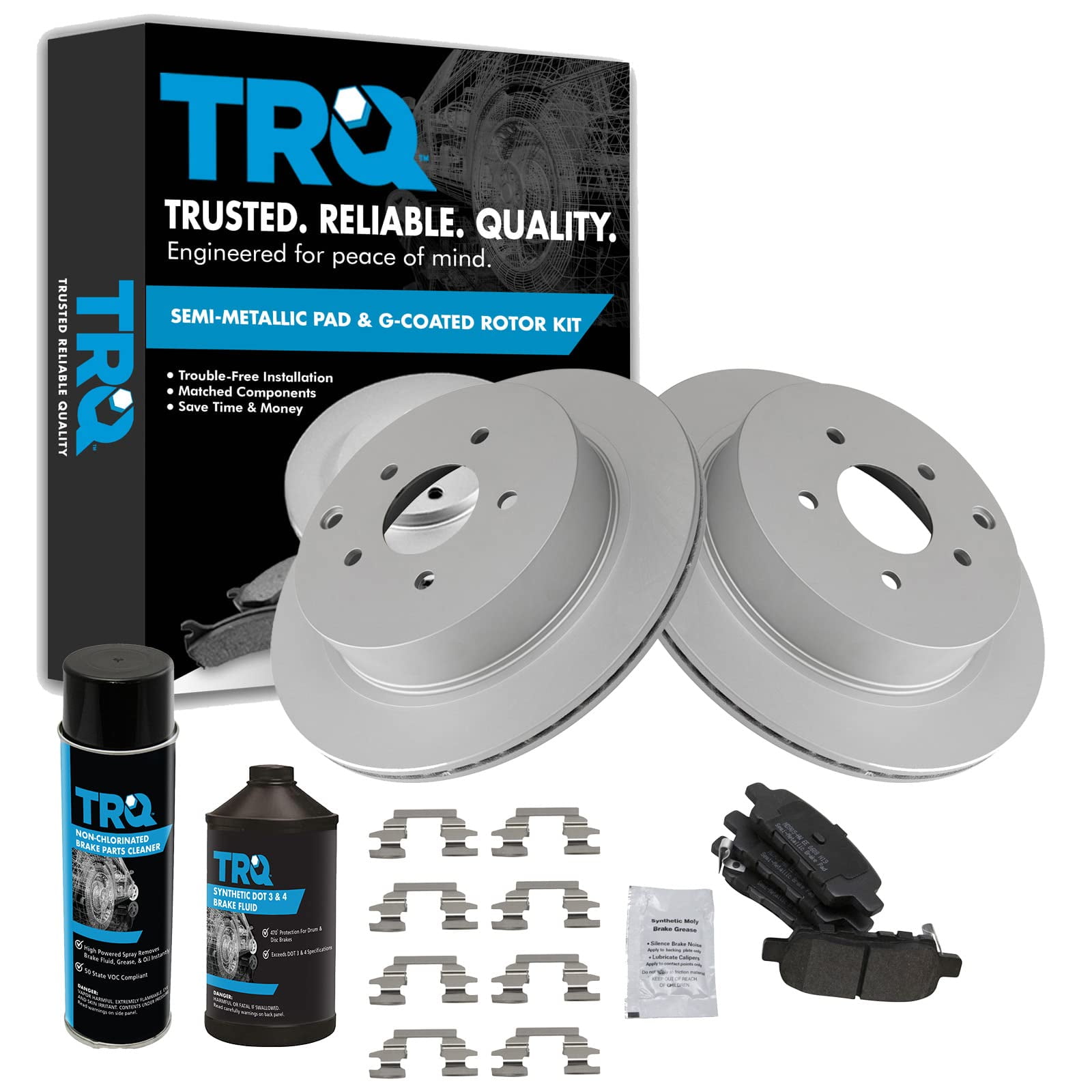 TRQ Rear Premium Semi Metallic Brake Pad & Coated Rotor Kit w/Fluids ...