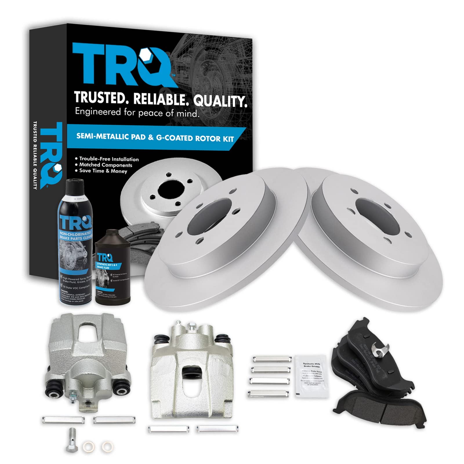 TRQ Rear Semi-Metallic Brake Pad Coated Rotor & Caliper Kit w/Fluids ...