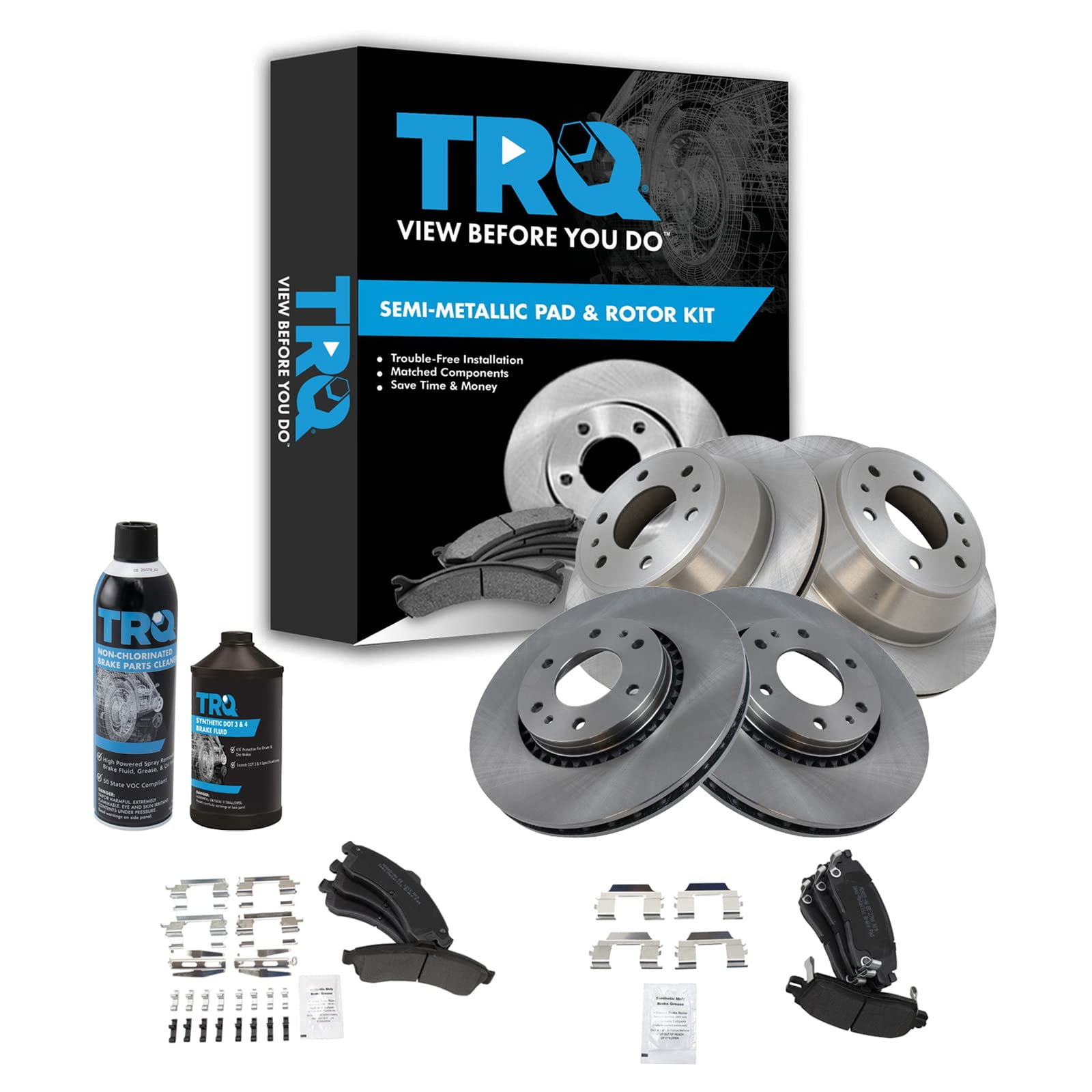 TRQ Semi-Metallic Brake Pad & Rotor Front & Rear Kit w/Fluids for GM ...
