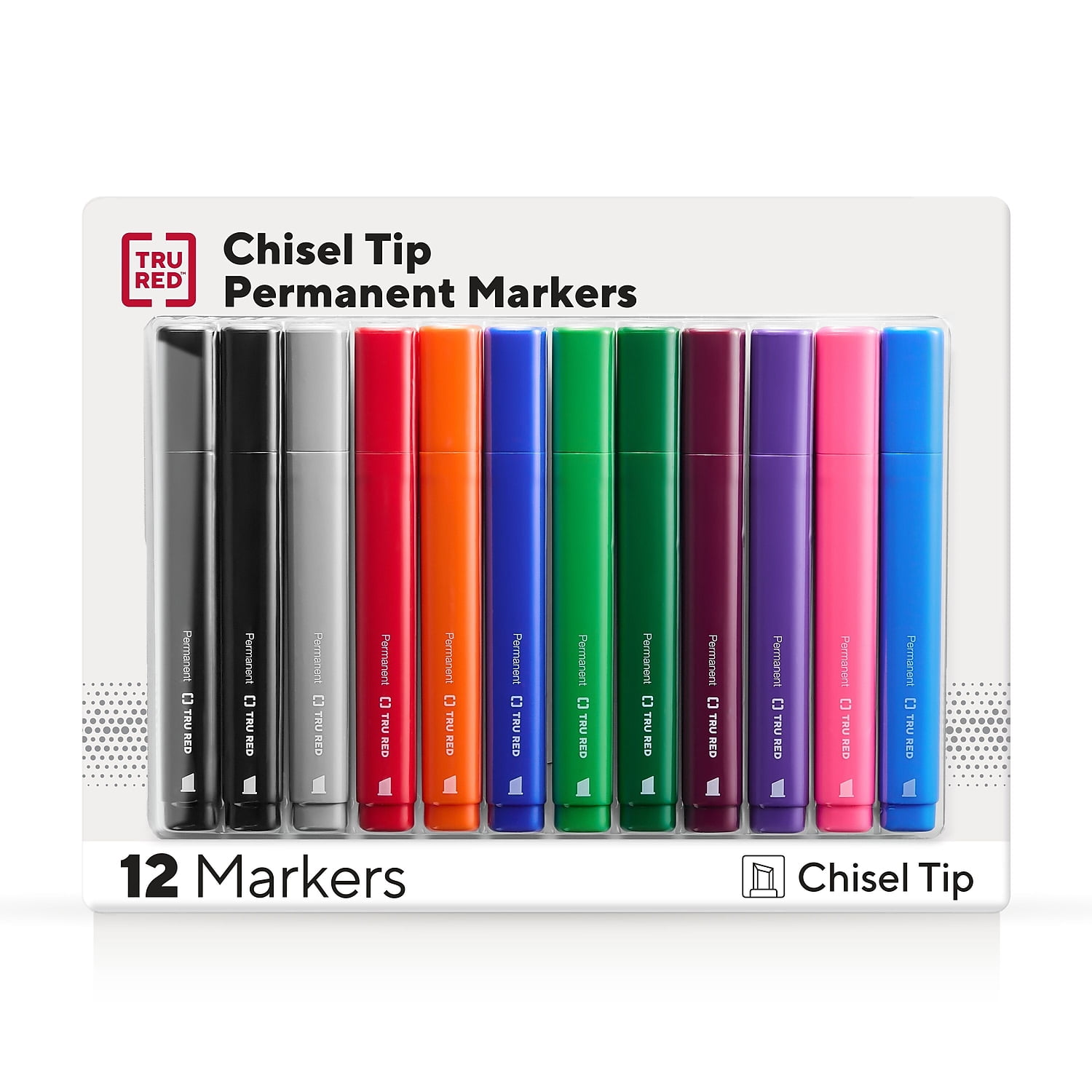 TRU RED Thin Chisel Tip Permanent Markers, Assorted Colors, 12 Pack ...