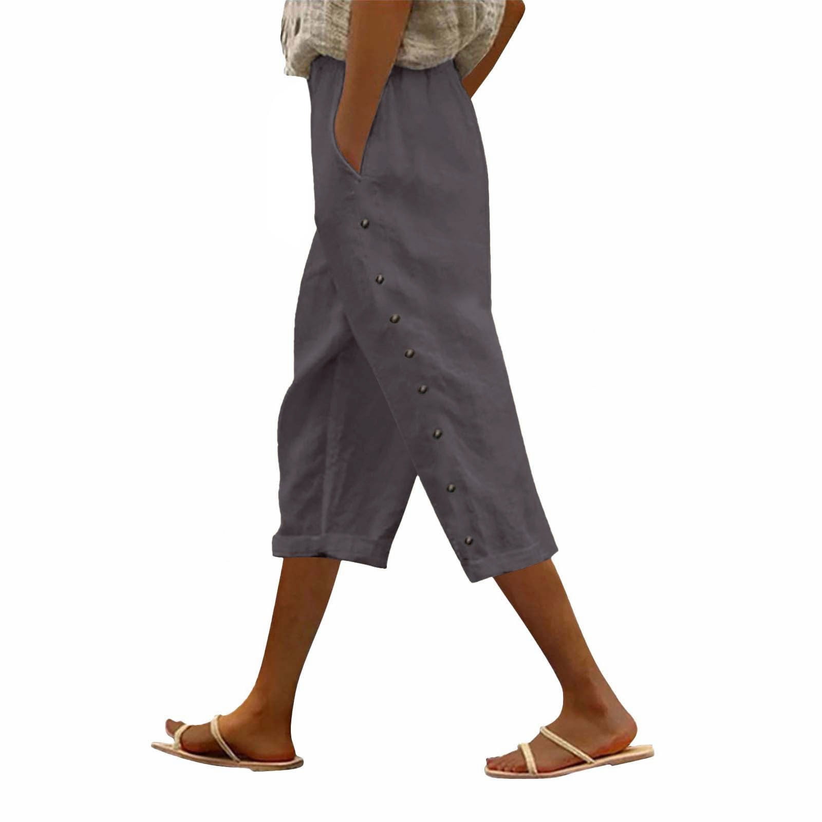 TRUBKH Women Flowy Pants Button Up Straight Leg Trousers Wide Leg Linen ...
