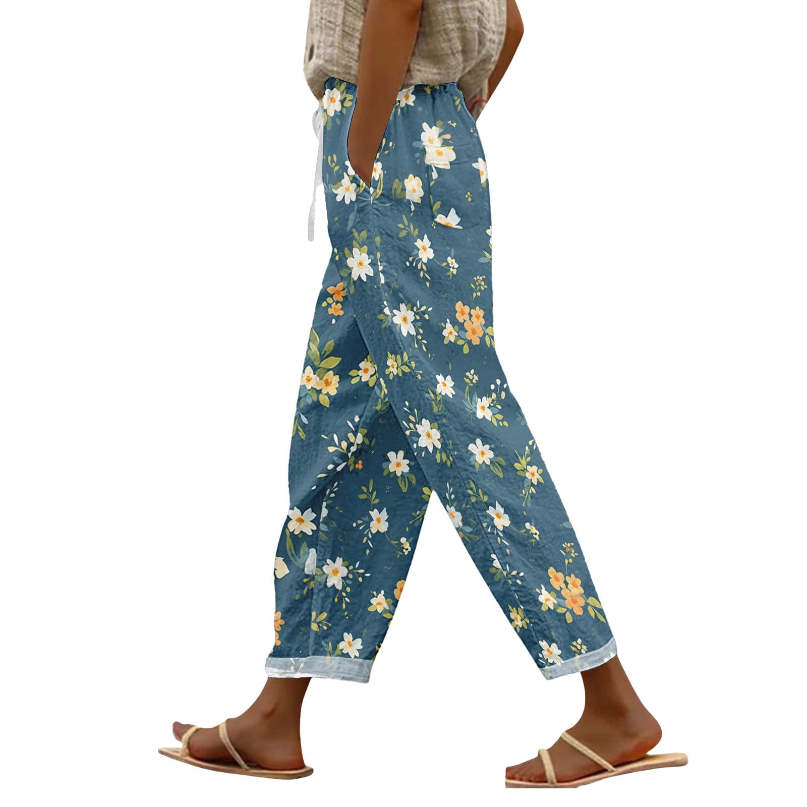 TRUBKH linen pants women boho pants Floral Solid Long Palazzo Pants ...