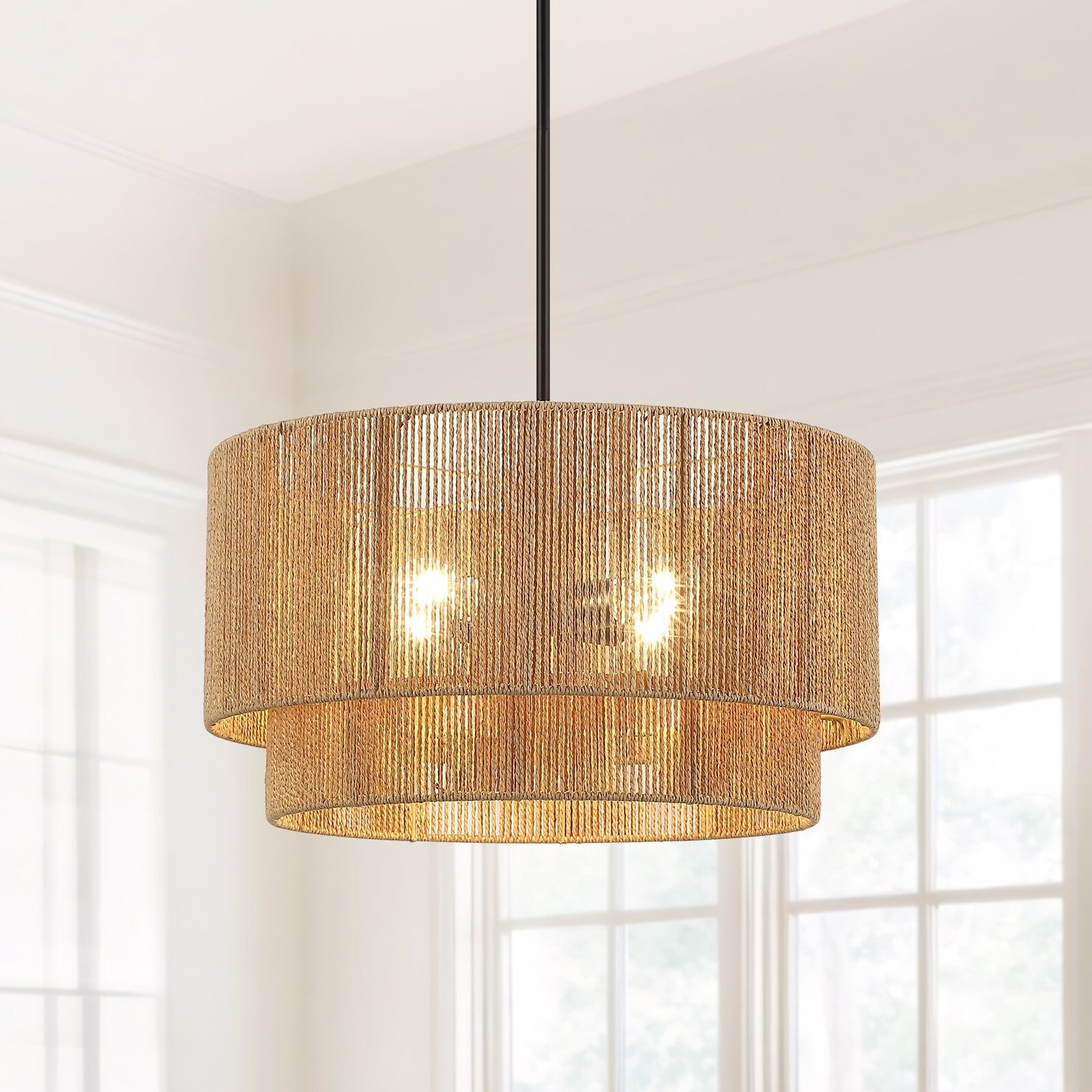 TRUE FINE Cynthia 4-Light Natural Rattan Drum Chandelier Light - 22''W - Walmart.com