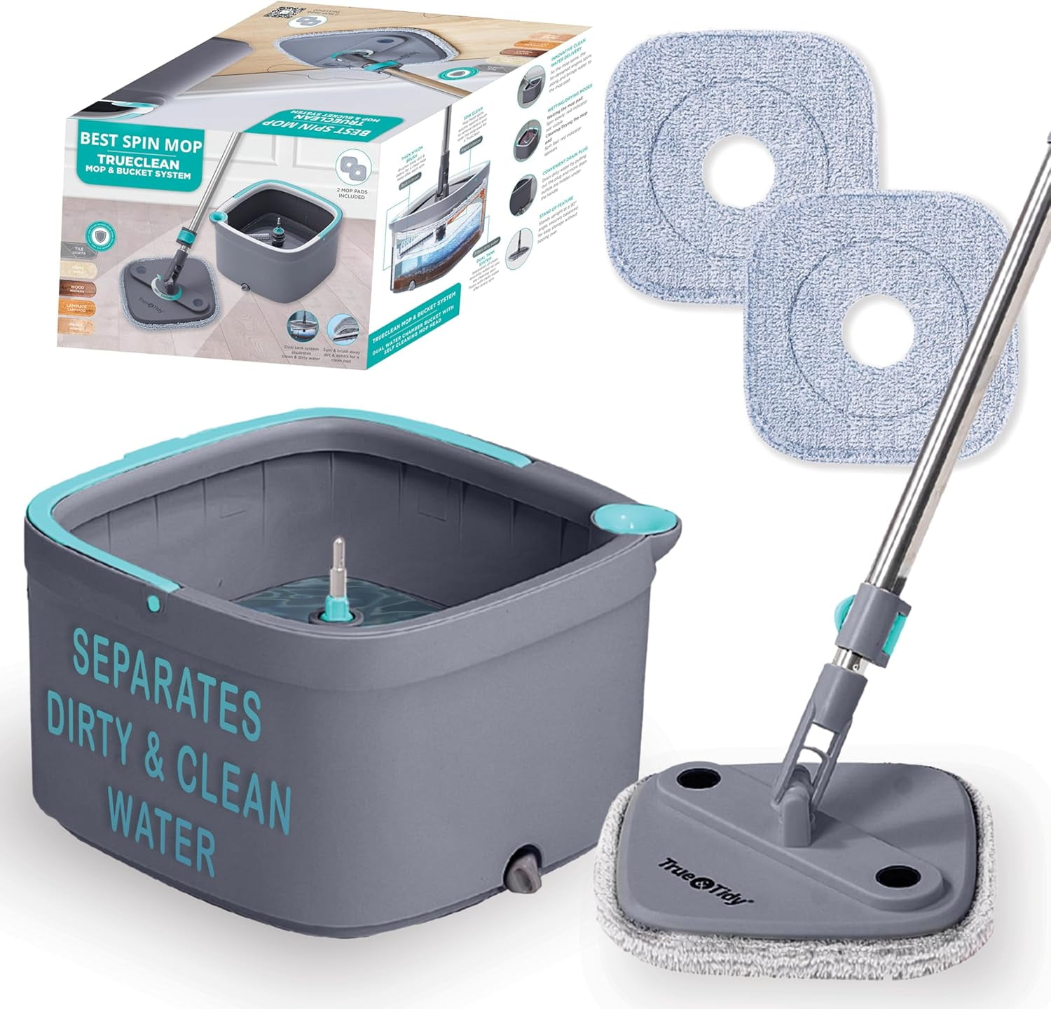 TRUE & TIDY Square Spin Mop & Bucket System – Dual Chamber for Clean & Dirty Water, 360 ...