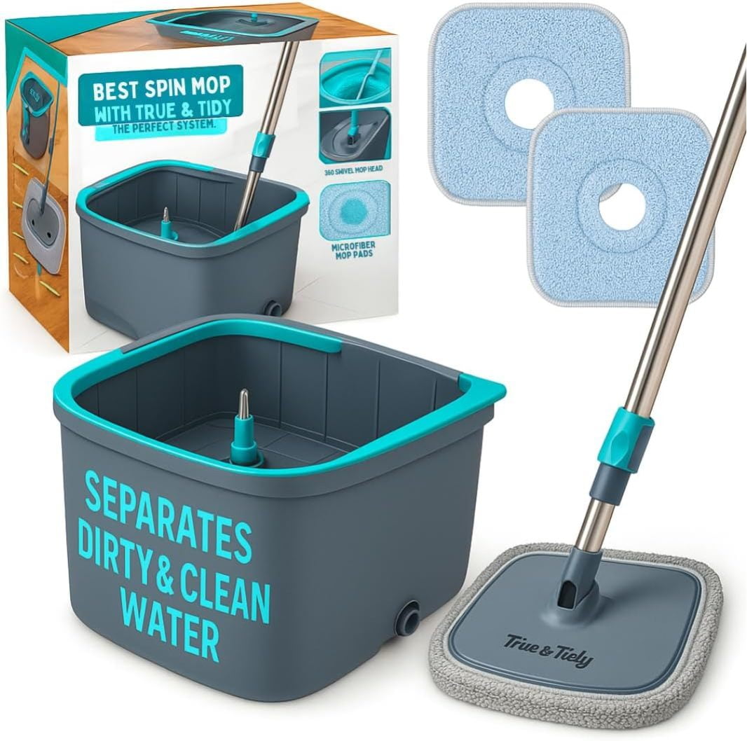TRUE & TIDY Square Spin Mop & Bucket System – Dual Chamber for Clean & Dirty Water, 360 ...