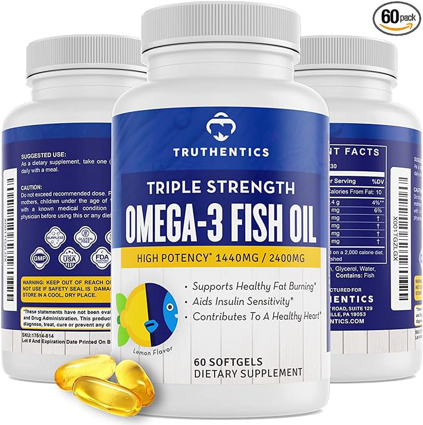 TRUTHENTICS Omega 3 Fish Oil, 2400 mg Per Serving, Triple Strength - High EPA + DHA Omega-3 ...