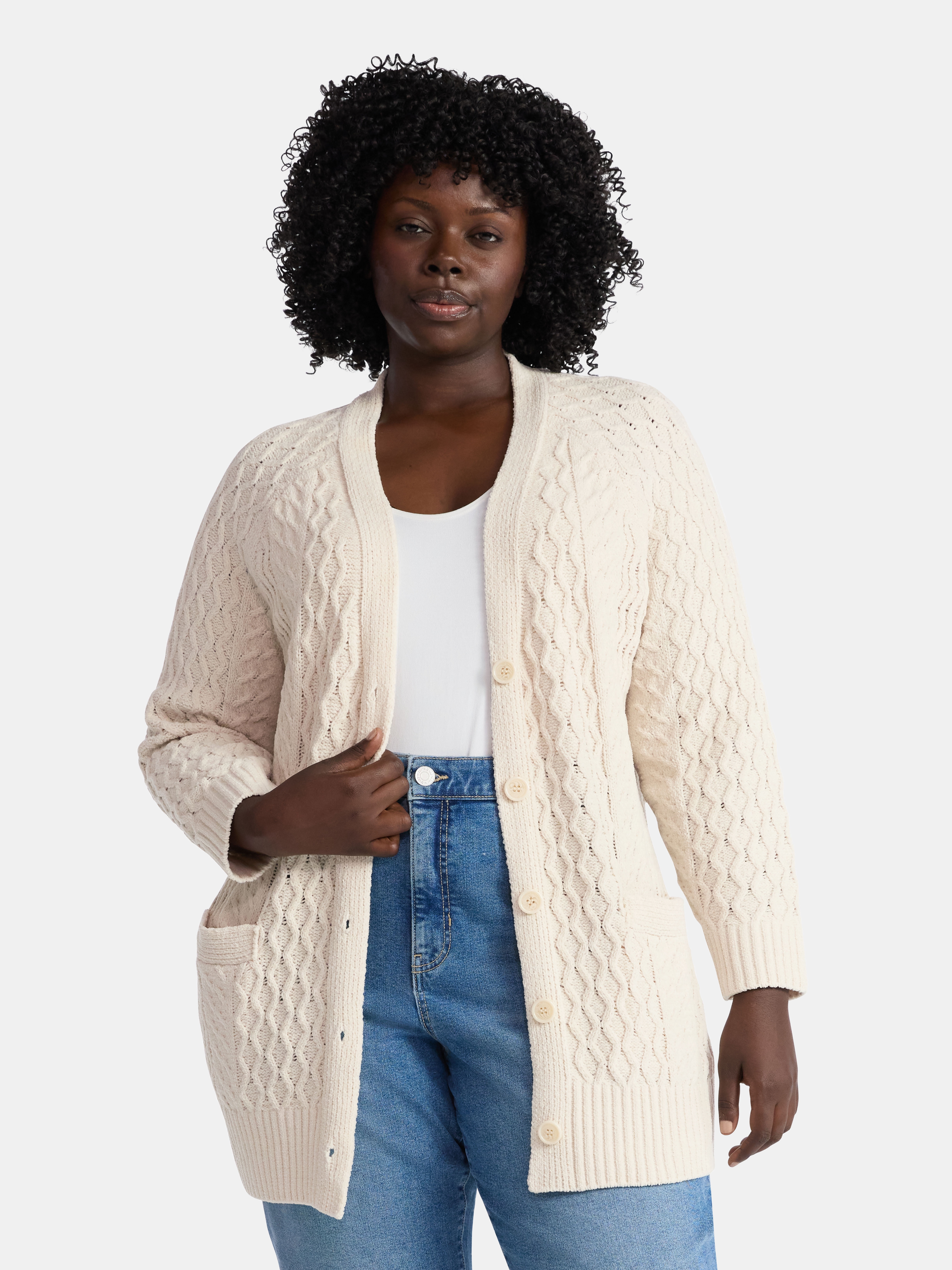 Terra & Sky Women’s Plus Chenille Boyfriend Cardigan Sweater, Midweight ...