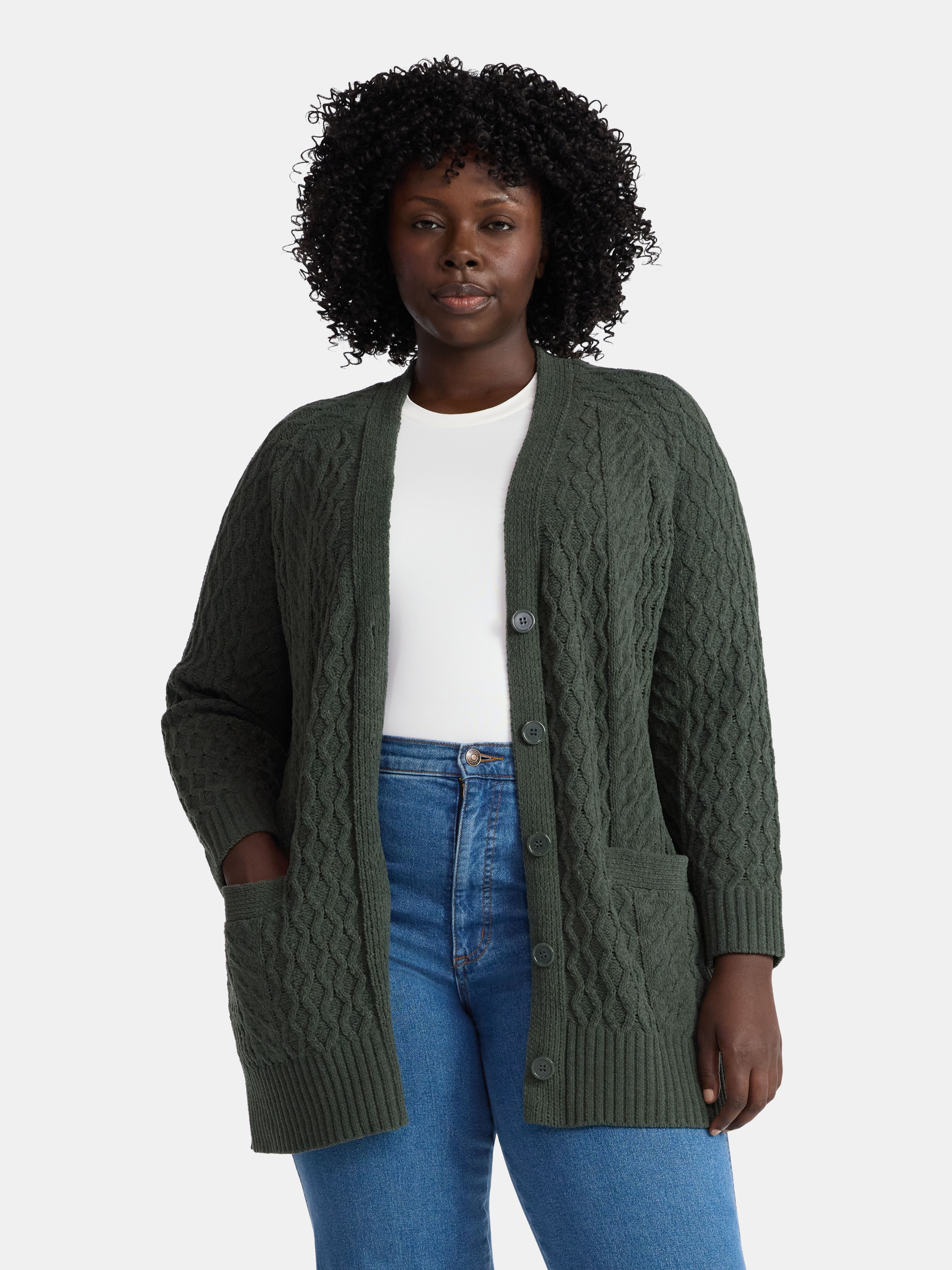 Terra & Sky Women’s Plus Chenille Boyfriend Cardigan Sweater, Midweight ...