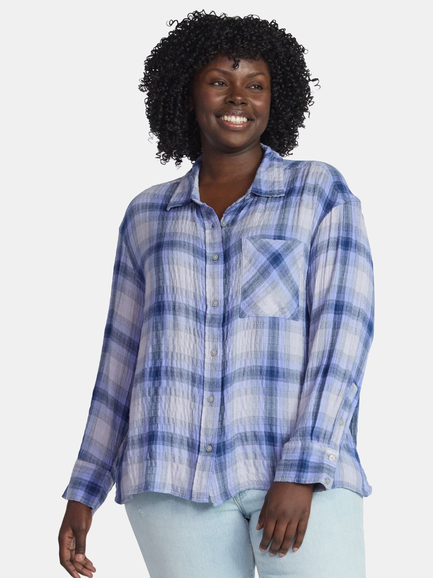 Terra & Sky Women's Plus Size Plaid Button Front Shirt, Sizes 0X-5X ...