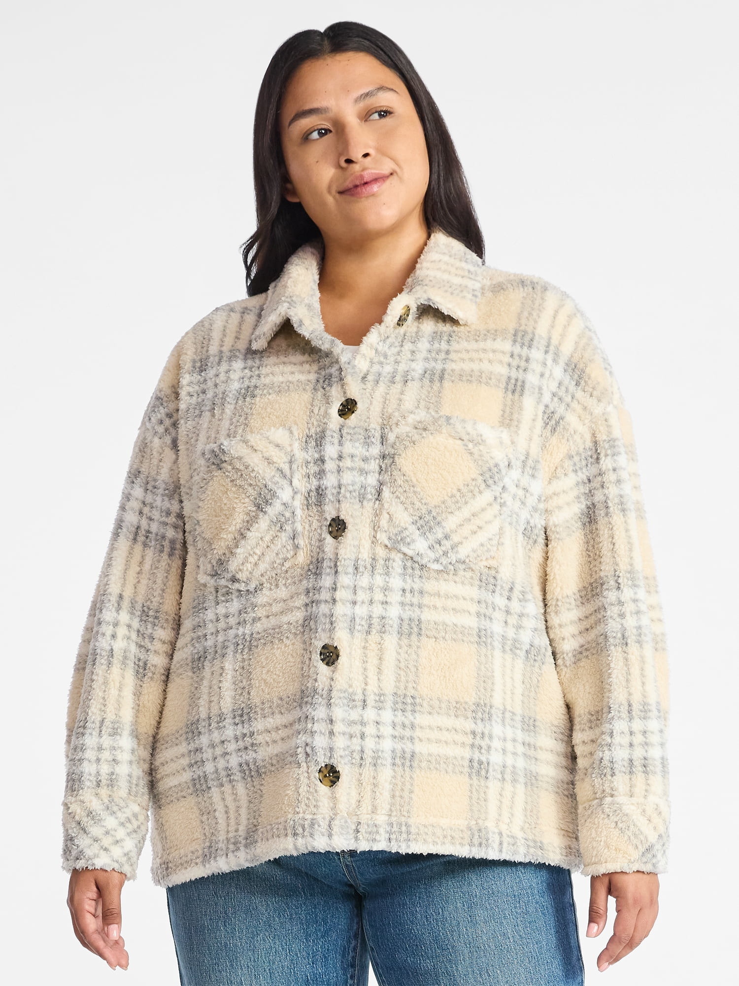 Terra & Sky Women's Plus Size Cozy Button Front Shacket with Long ...