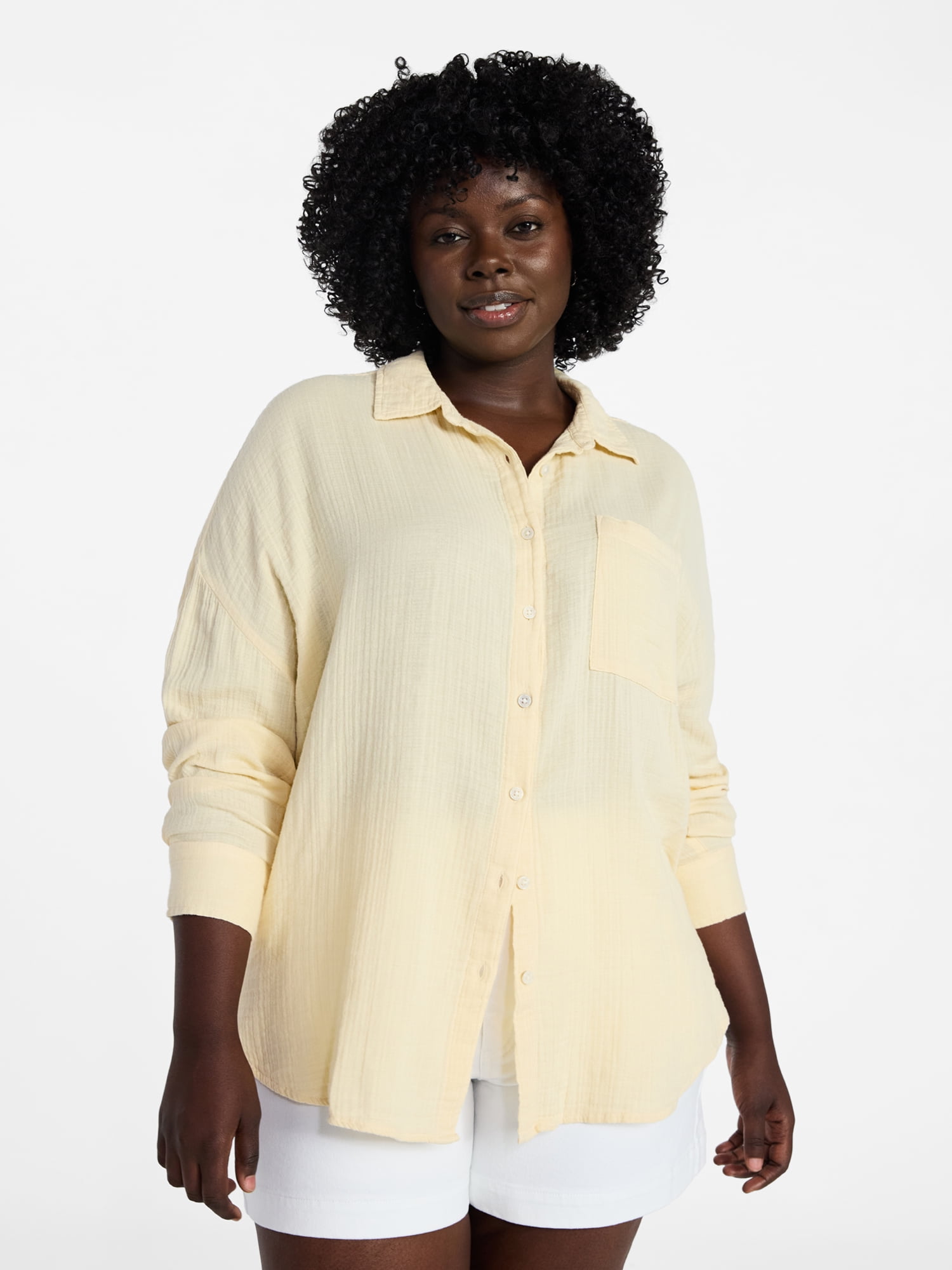 Terra & Sky Women's Plus Size Double Cloth Boyfriend Shirt, Sizes 0X-5X ...