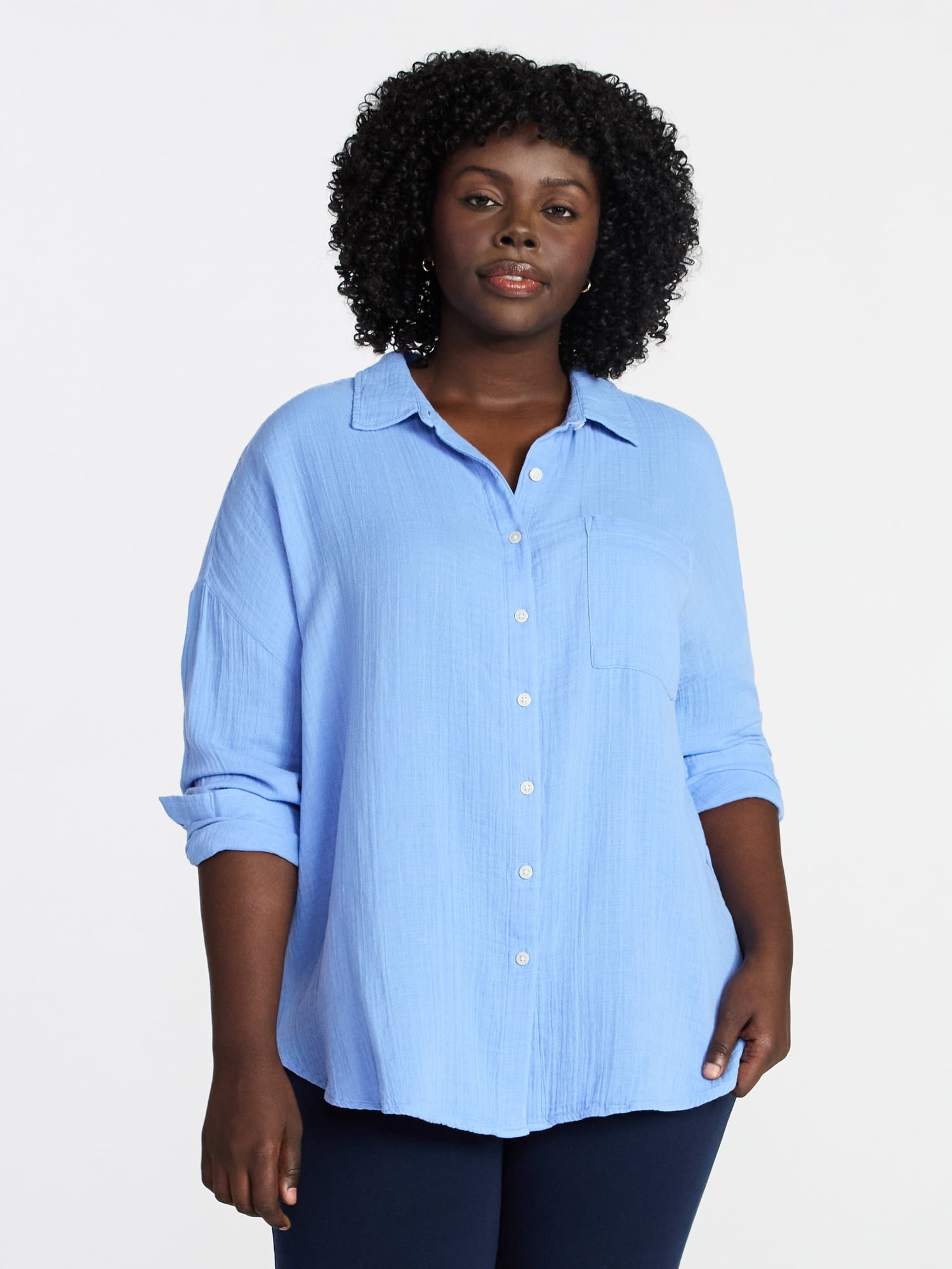 Terra & Sky Women's Plus Size Double Cloth Boyfriend Shirt, Sizes 0X-5X ...
