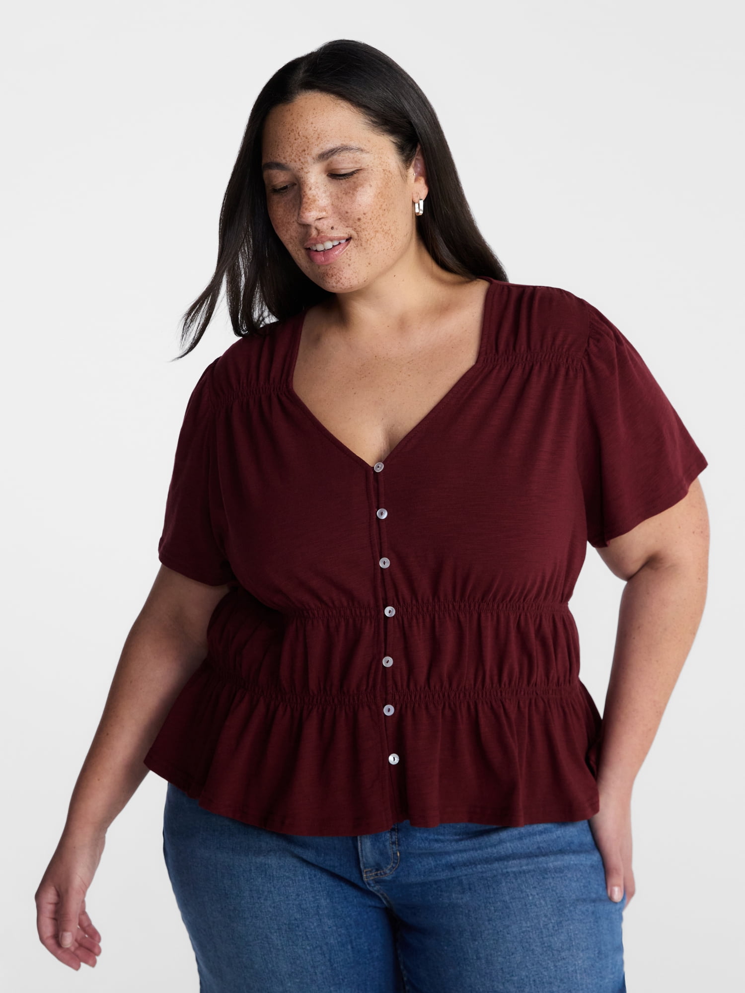 Terra & Sky Women’s Plus Femme V Neck Smocked Top with Short Flutter ...
