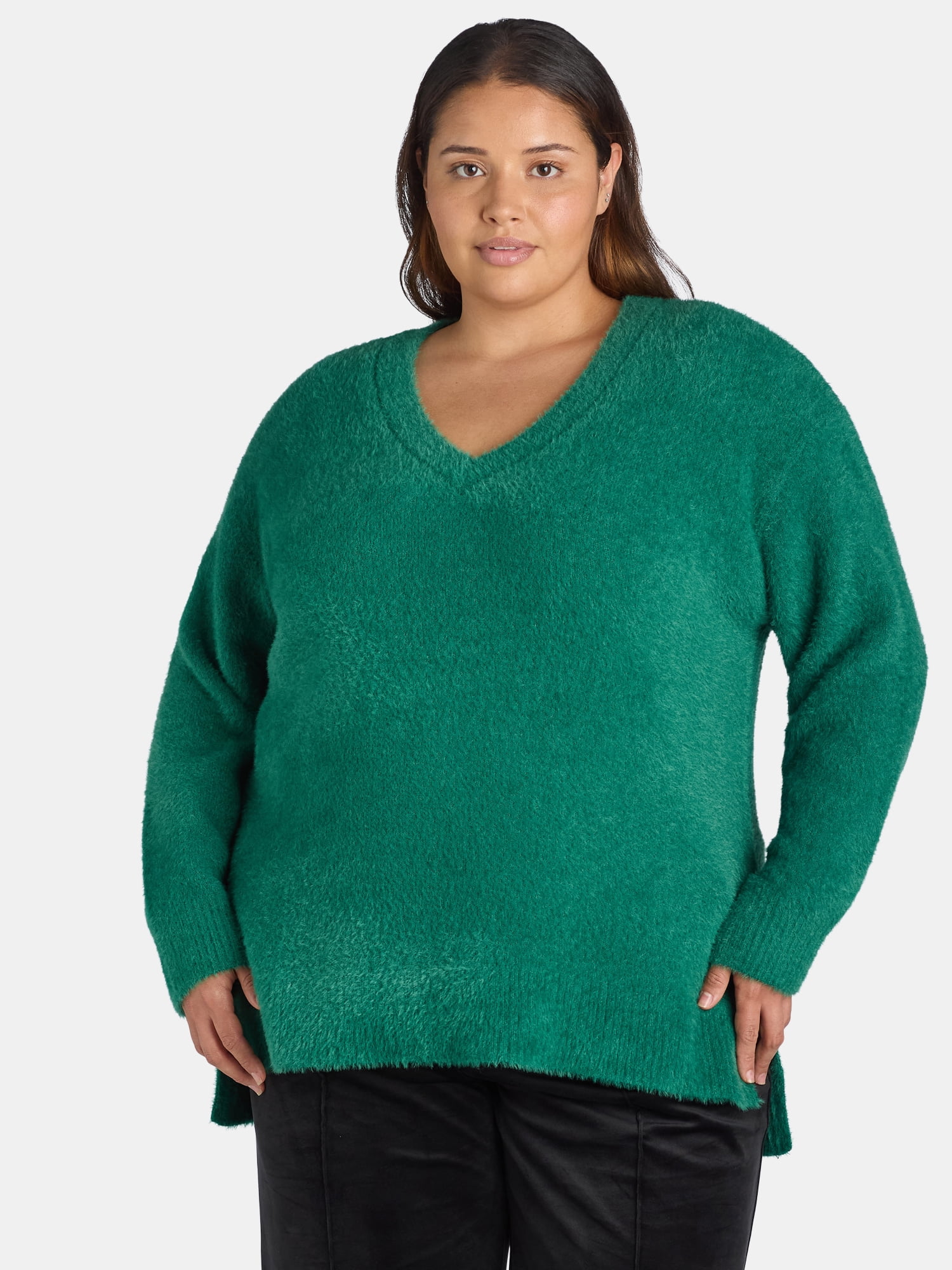 Terra & Sky Women's Plus Fuzzy V-Neck Sweater, Sizes 0X-4X - Walmart.com
