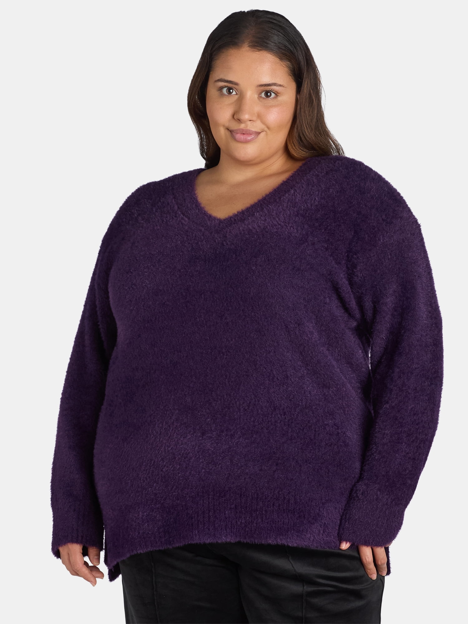 Terra & Sky Women's Plus Fuzzy V-Neck Sweater, Sizes 0X-4X - Walmart.com