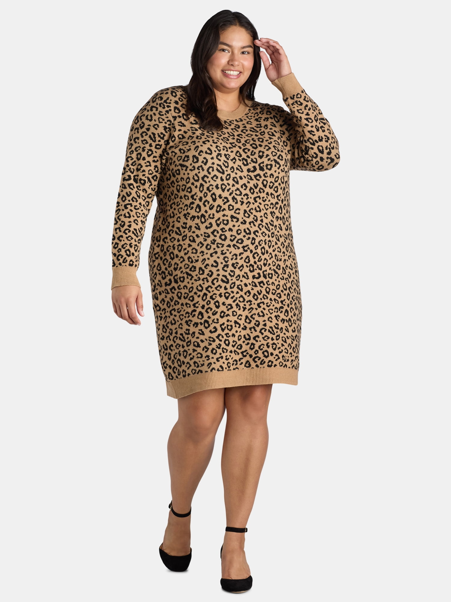 Terra & Sky Women's Plus Size Scoop Neck Leopard Print Sweater Dress ...