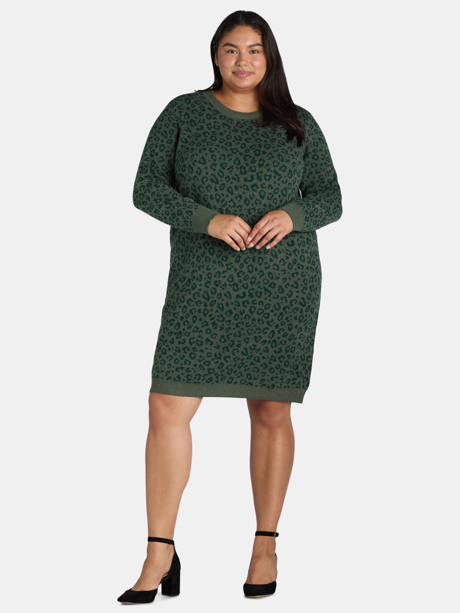 Terra & Sky Women's Plus Size Scoop Neck Leopard Print Sweater Dress ...