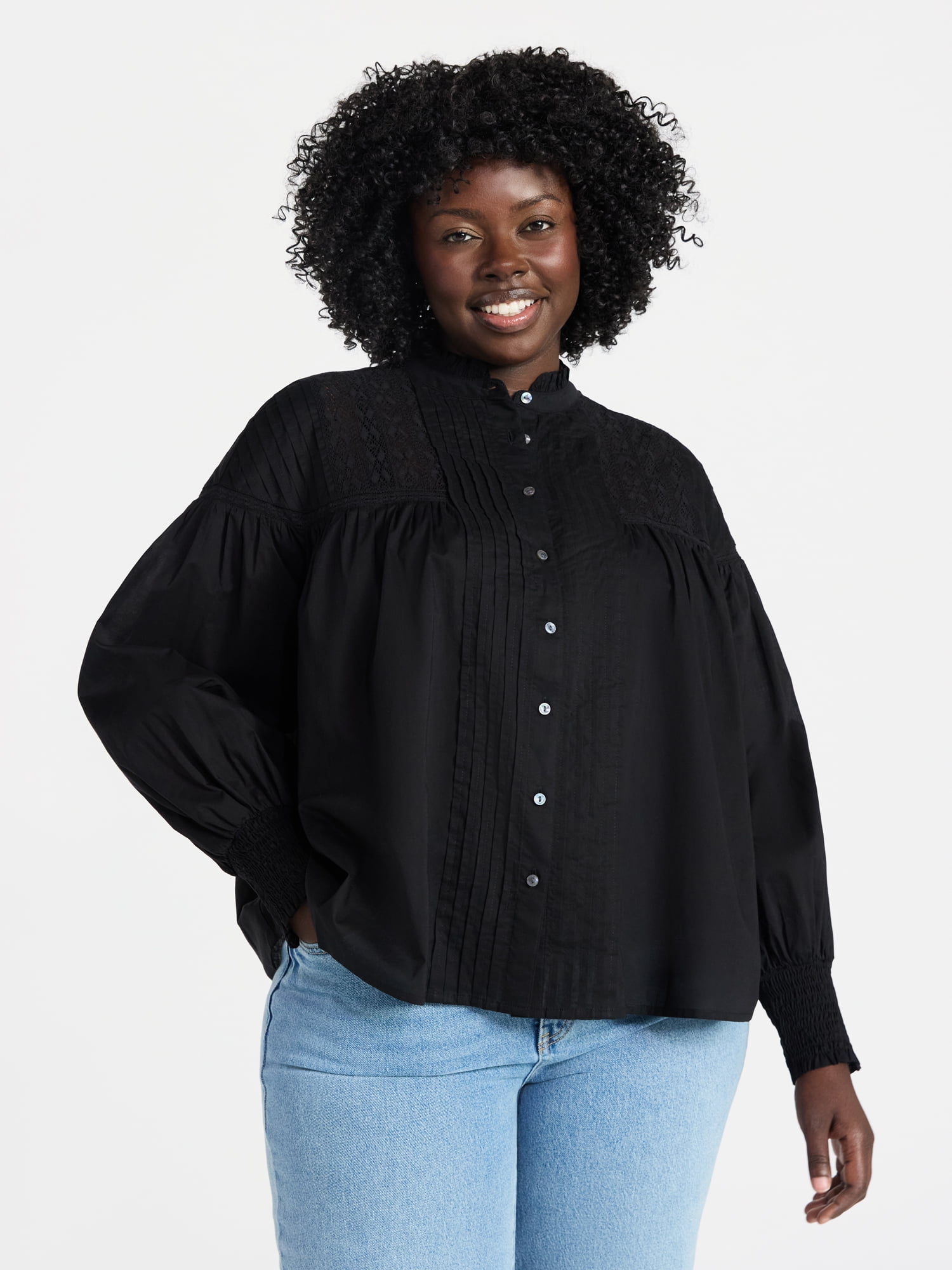 Terra & Sky Women's Plus Size Lace Inset Blouse with Long Sleeves ...