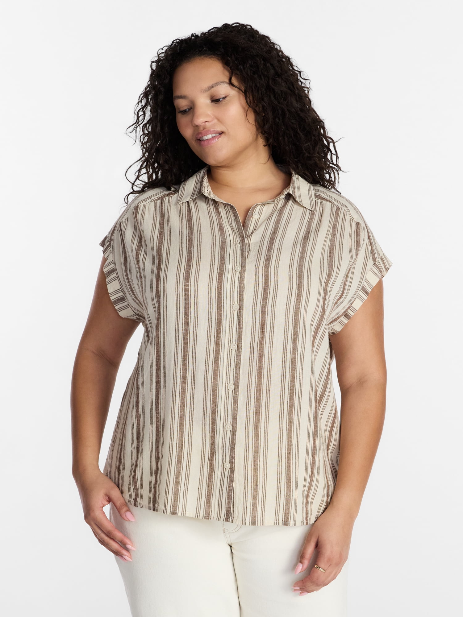 Terra & Sky Women's Plus Linen Blend Camp Shirt, Sizes 0X-5X - Walmart.com