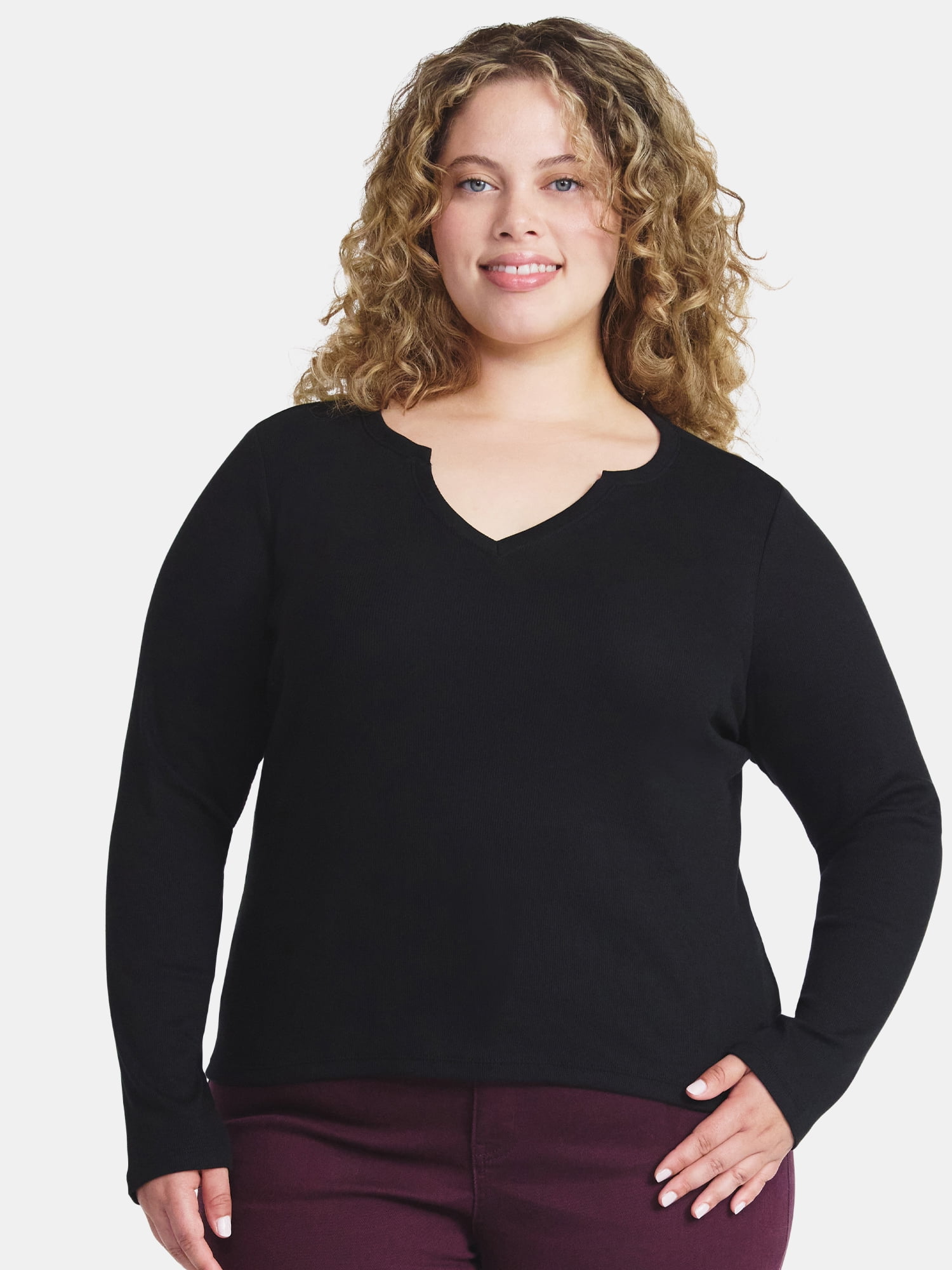 Terra & Sky Women's Plus Long Sleeve Notch Neck Top, Sizes 0X-5X ...