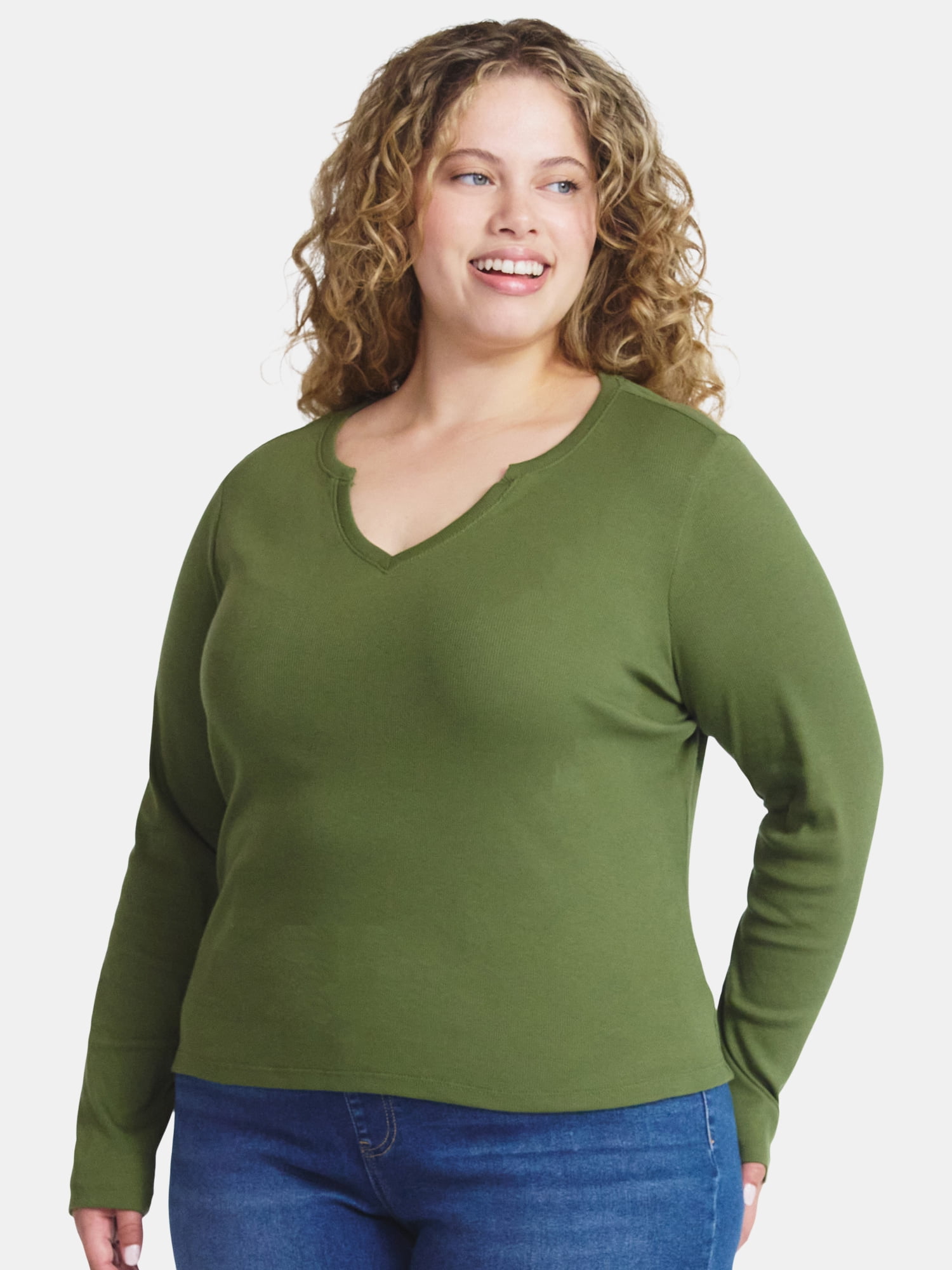 Terra & Sky Women's Plus Long Sleeve Notch Neck Top, Sizes 0X-5X ...