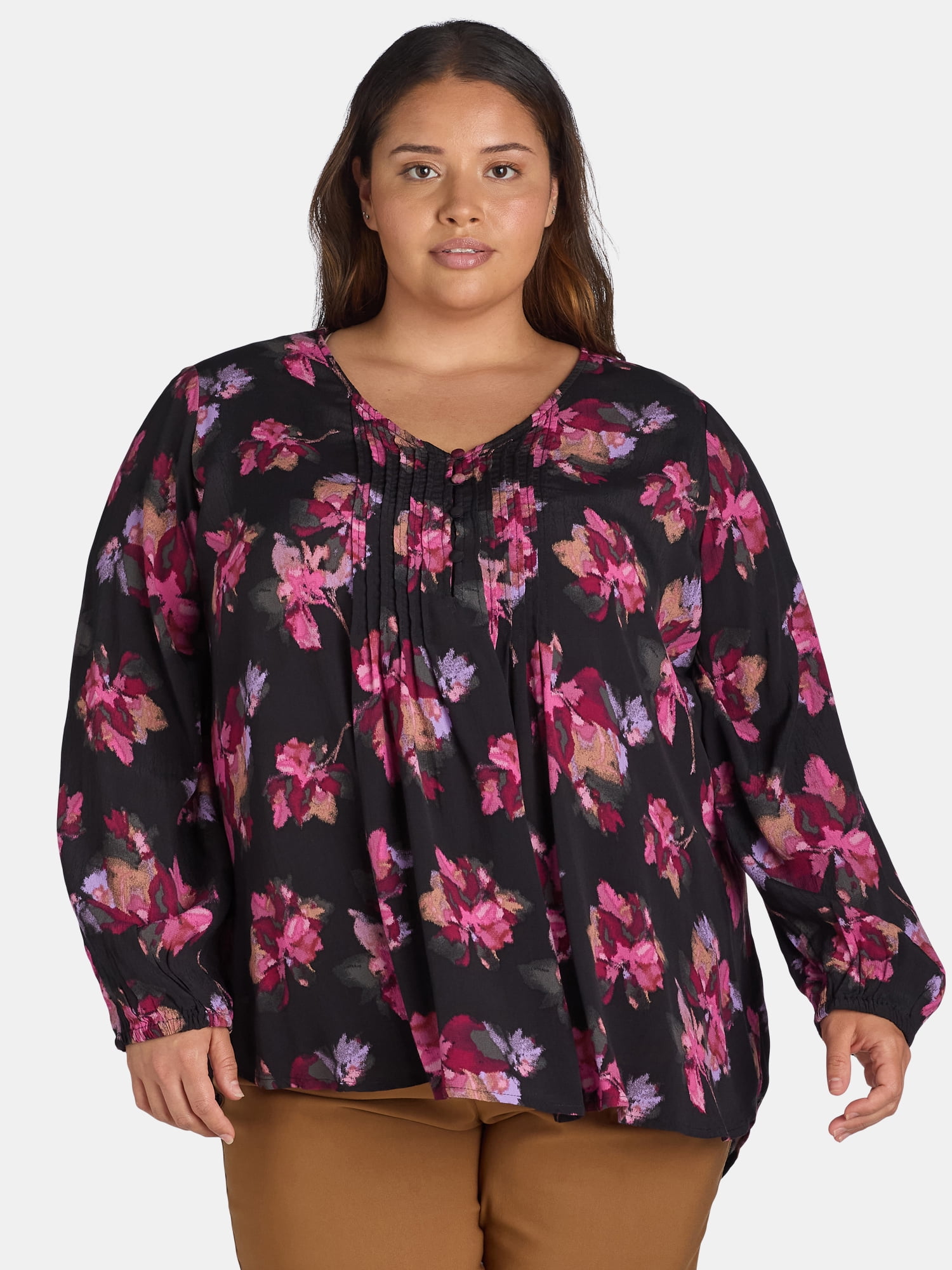 Terra & Sky Women's Plus Size Pintuck Blouse Top with Long-Sleeves ...