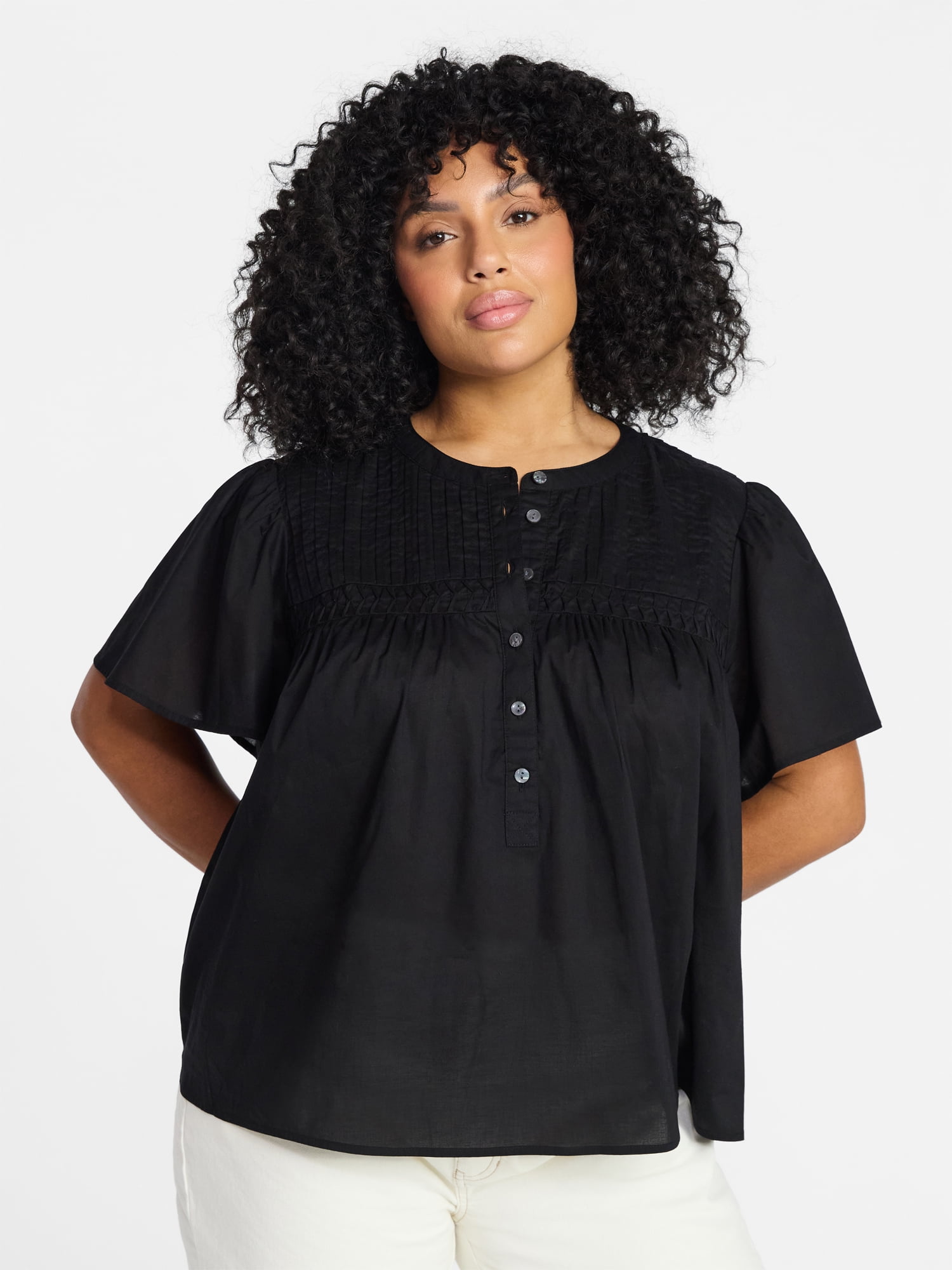 Terra & Sky Women’s Pleated Yoke Top with Short Flutter Sleeves, Sizes ...