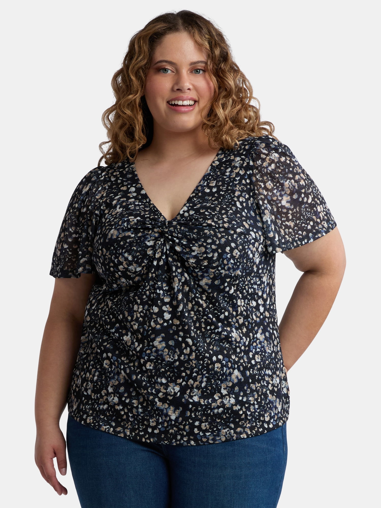 Terra & Sky Women’s Twist Front Mesh Top with Short Sleeves, Sizes 0X ...