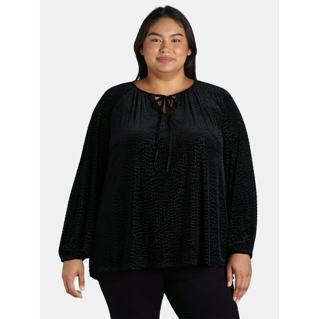 Terra & Sky Black Label Women's Plus Size Velvet Open Neck Blouse, 0X ...