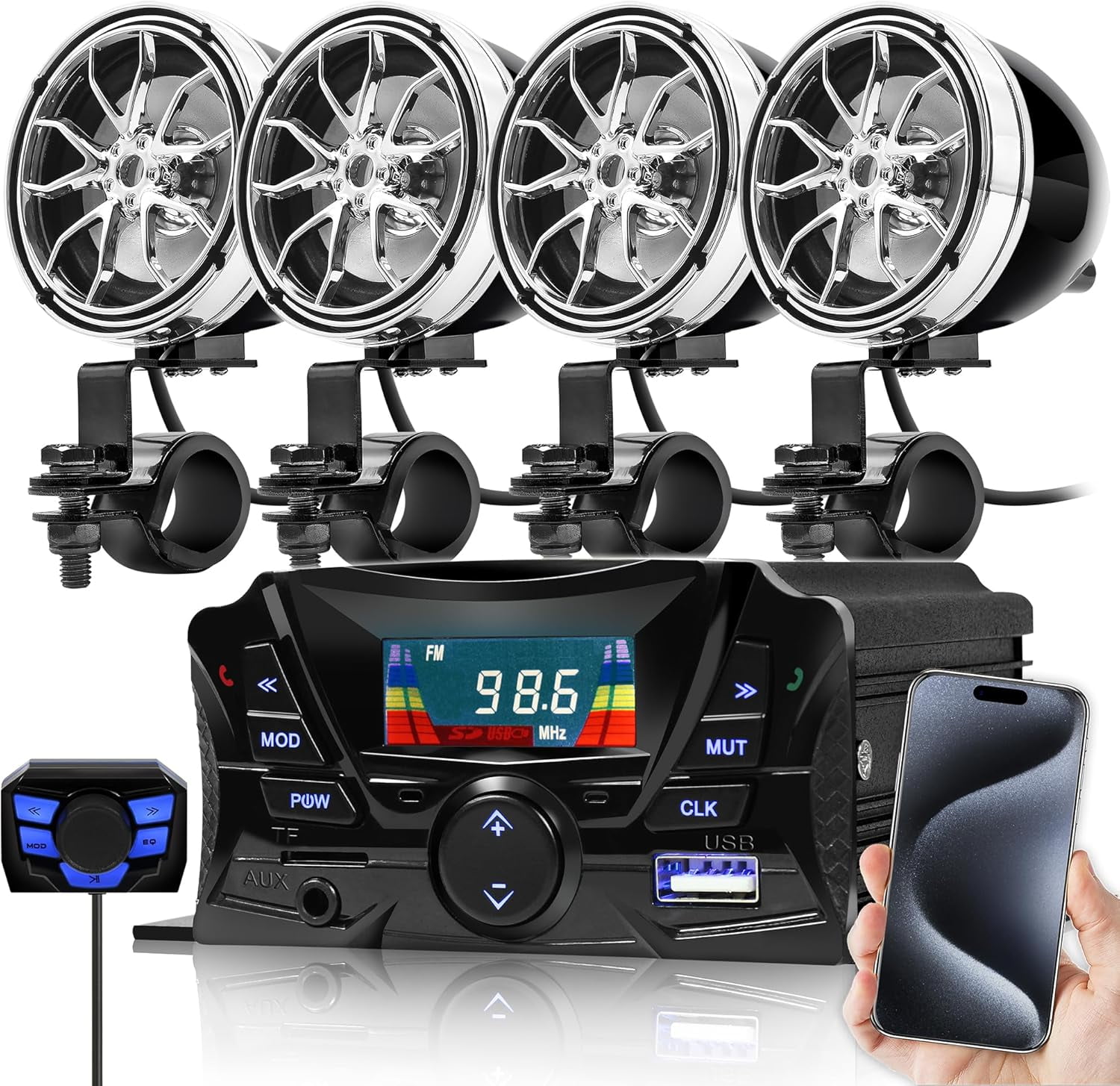 TS3-Q Motorcycle Weatherproof Bluetooth Speakers 7/8-1.25 in. Handlebar ...