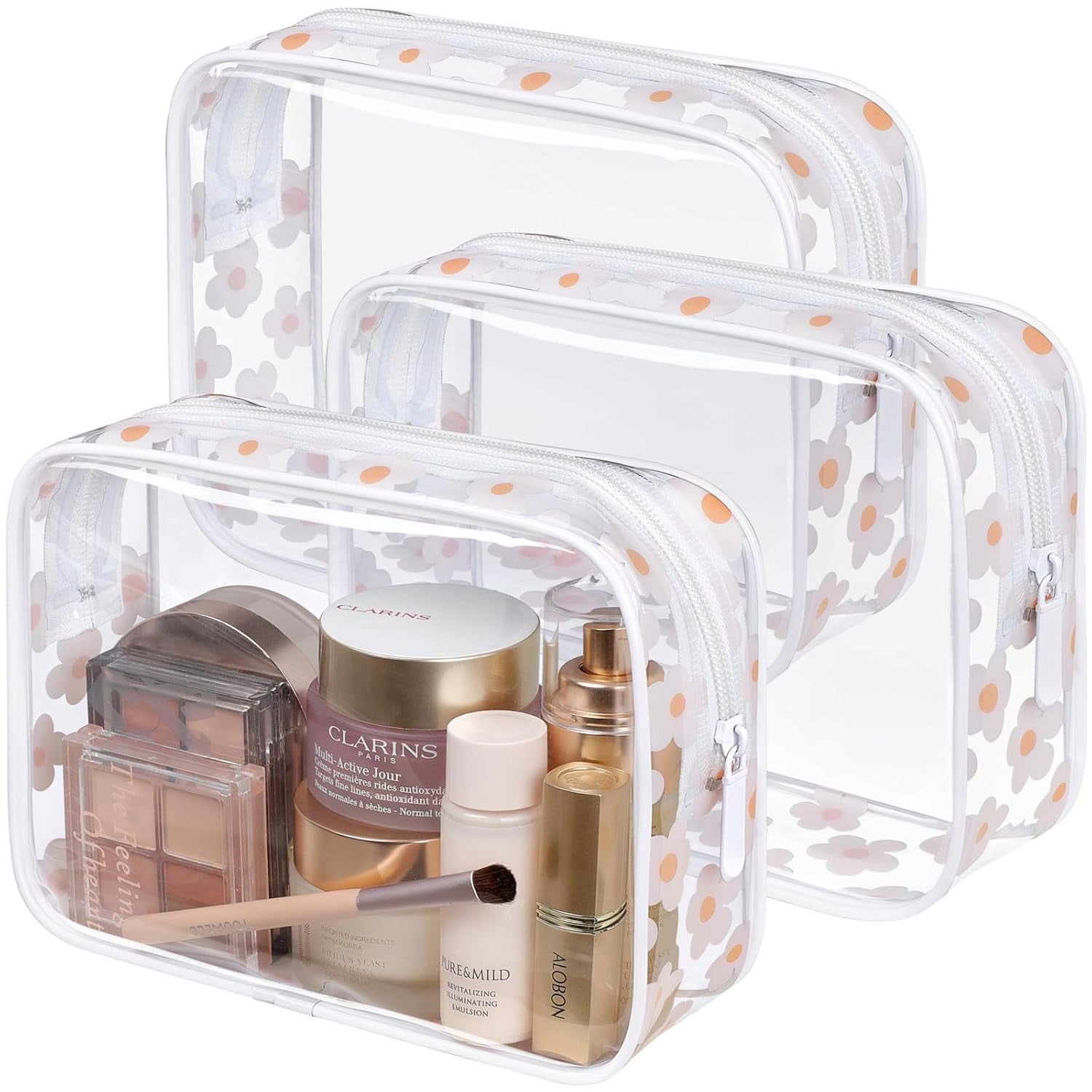 TSA Approved Toiletry Bag - White Flower Print Clear Makeup Bag ...