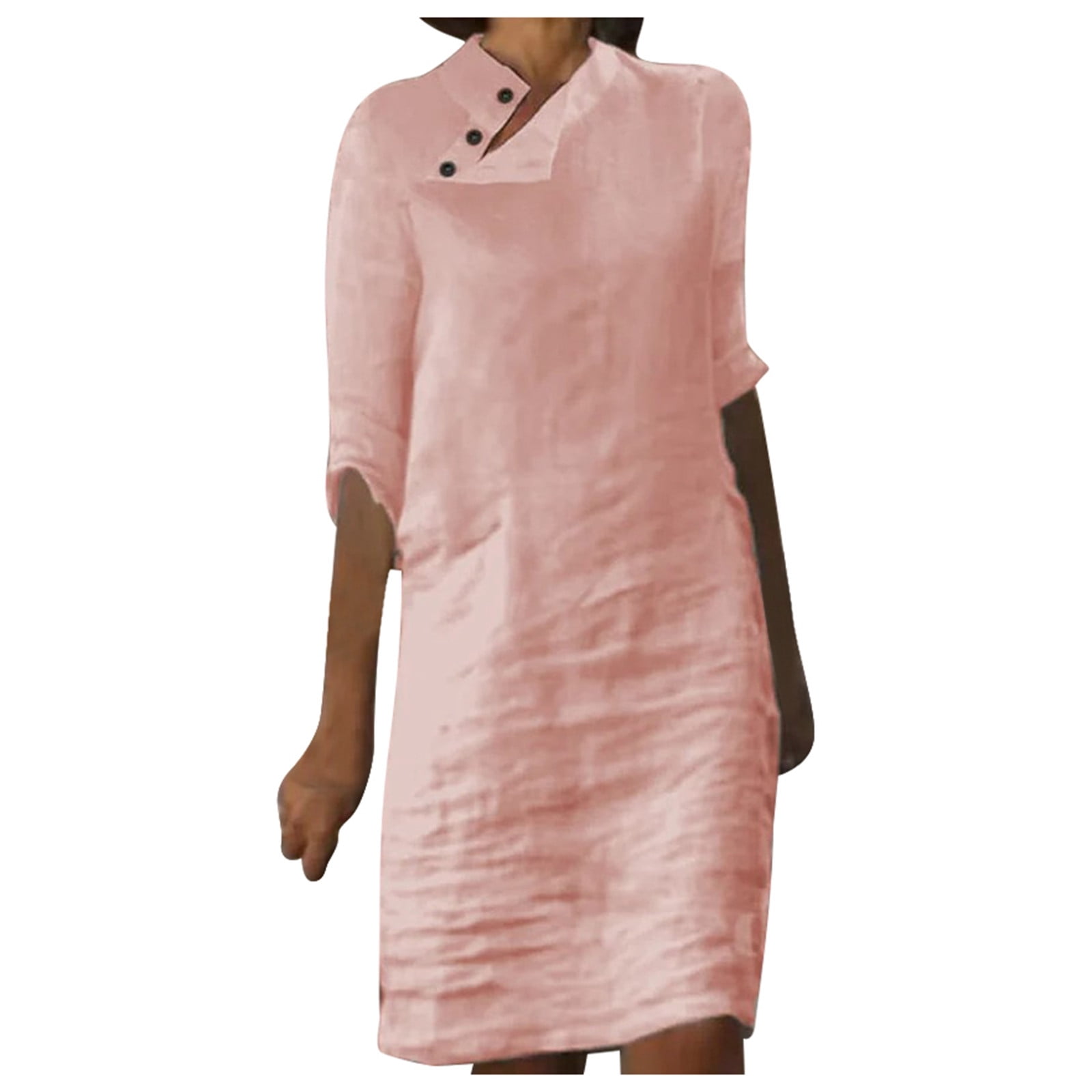TSADFHJI Female Summer Dresses Casual Stand Button Up Linen Cotton ...