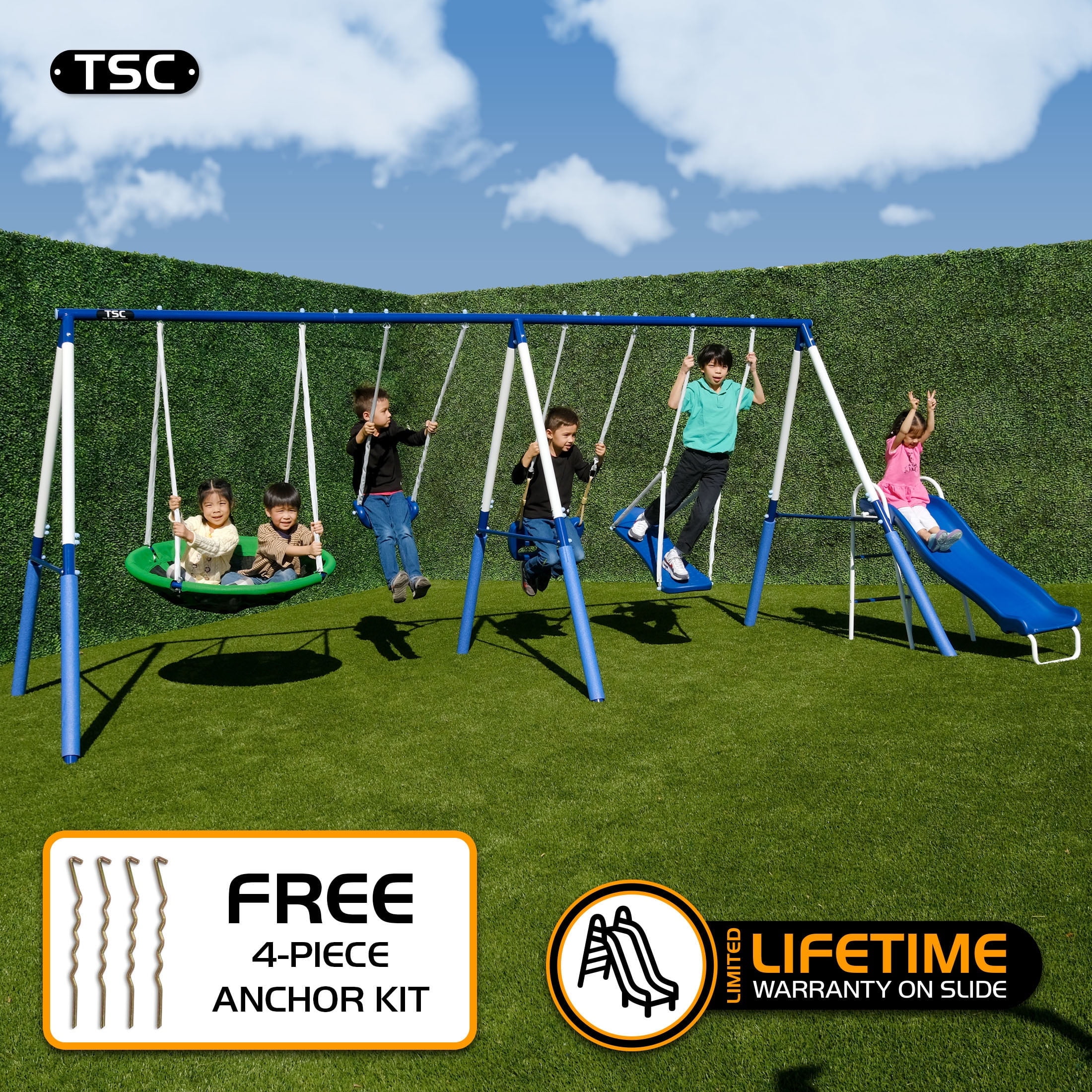 TSC Malibu Metal Swing Set with 5ft Slide, 38" Saucer Swing, Surfboard ...