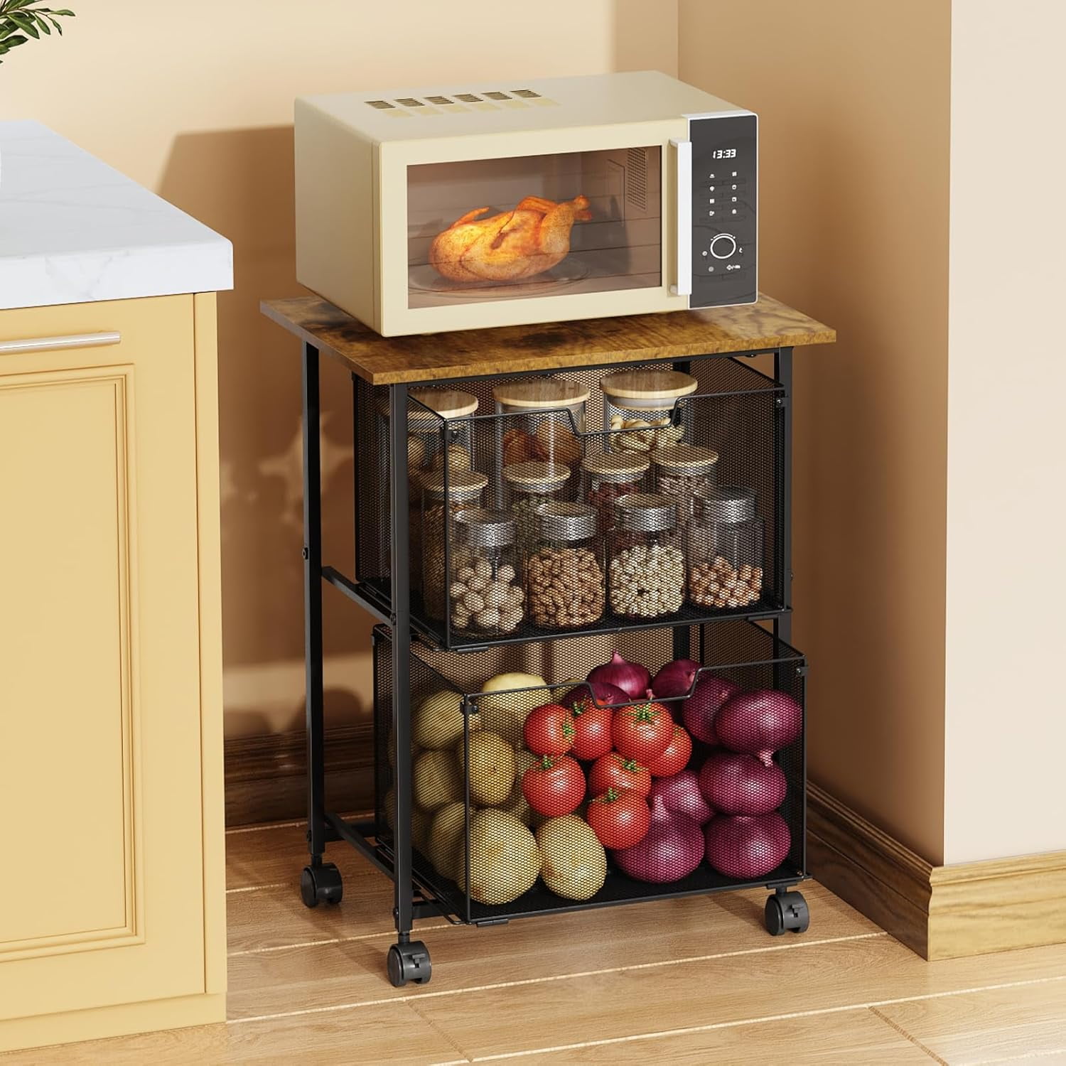 TSGJIRGTH Rolling Microwave Cart with Pull-Out Baskets Storage Rack 3 ...