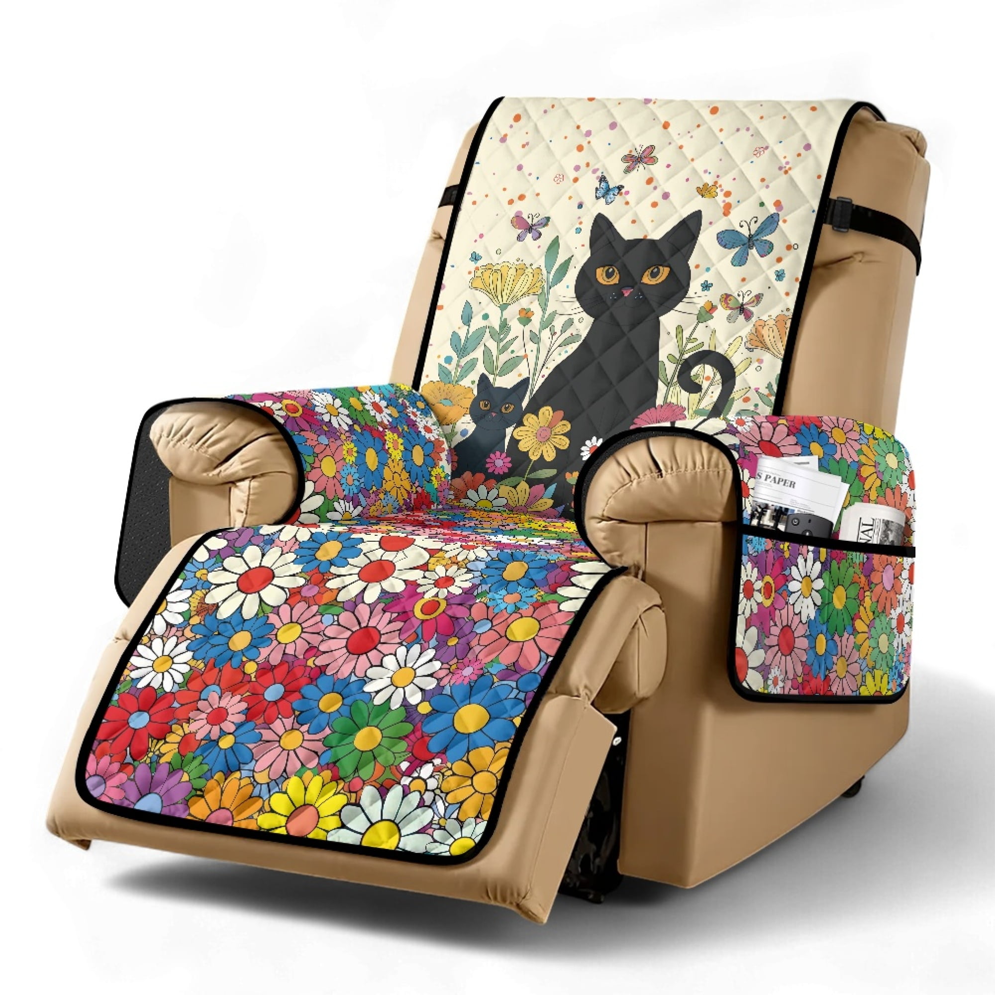 TSOVTHRID Black Cat Daisy Floral Print Recliner Chair Cover Recliner ...