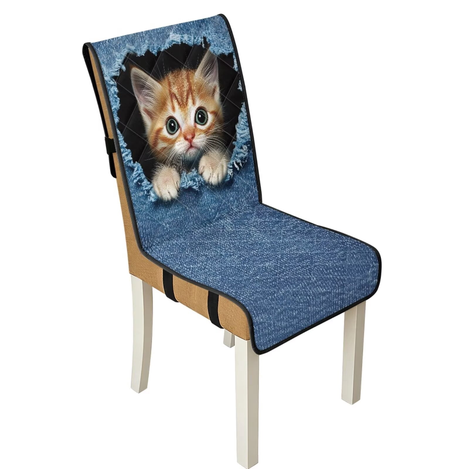 TSOVTHRID Cute Cat Denim Pocket Print Dining Chair Seat Covers Quilted ...