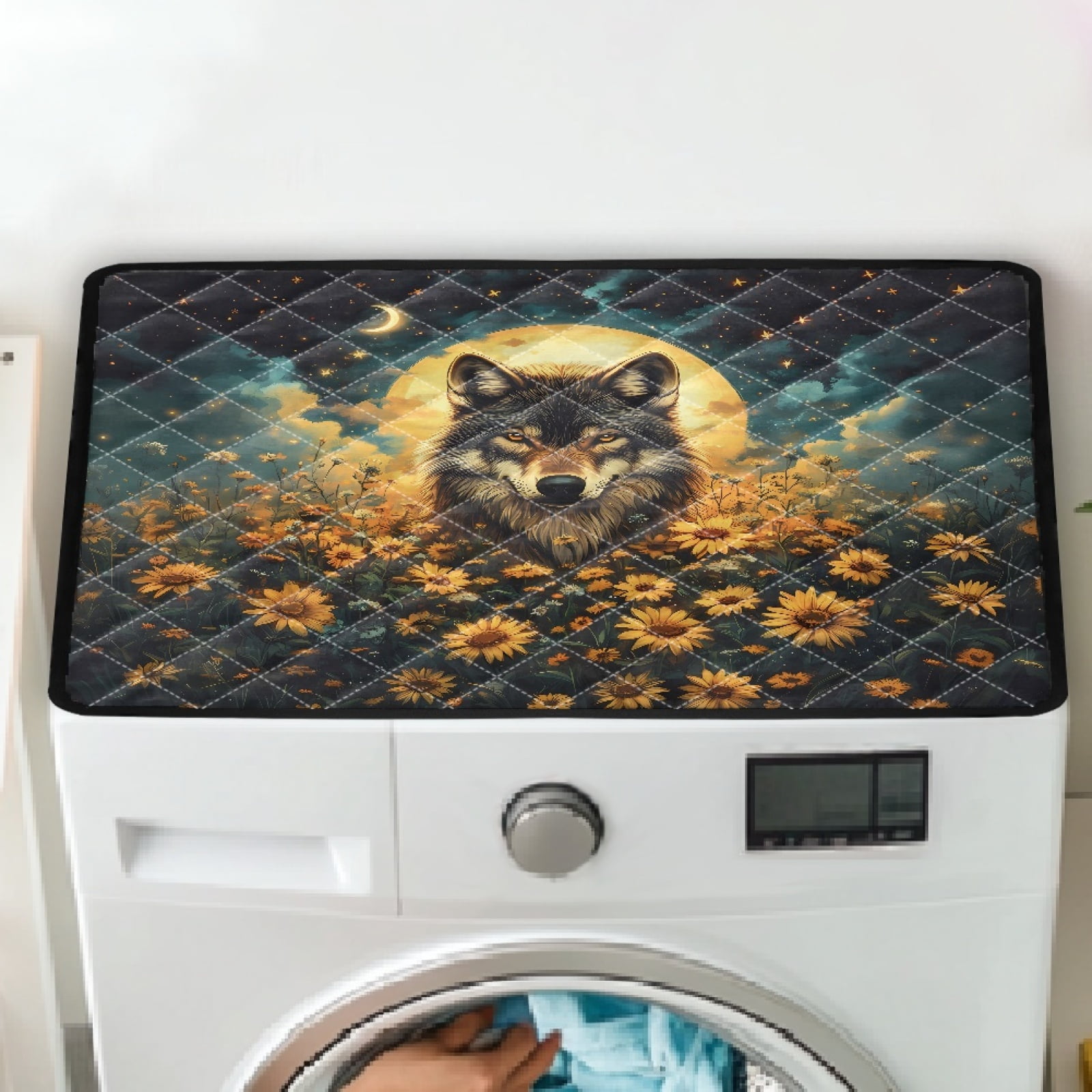 TSOVTHRID Daisy Wolf Moon Star Print Washing Machine Dust Cover Top Mat ...
