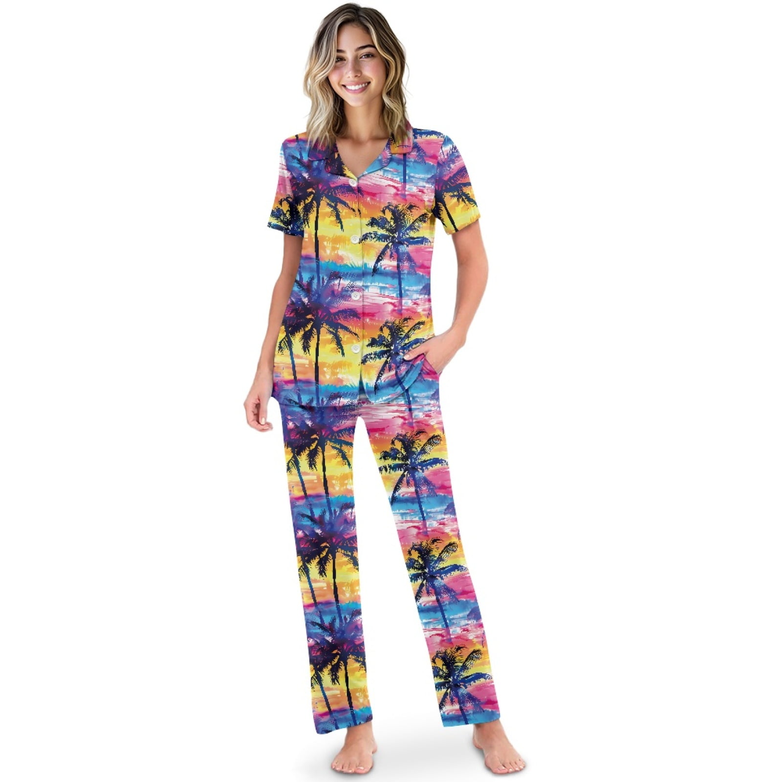TSOVTHRID Hawaiian Palm Tree Print Women's Pajama Sets Notch Collar ...
