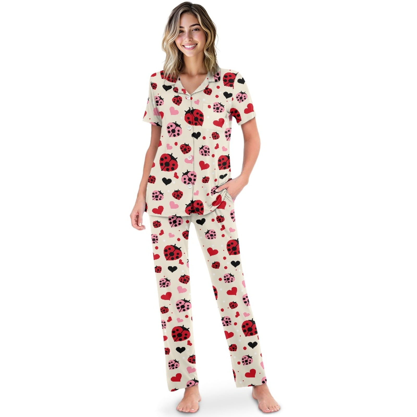 TSOVTHRID Ladybug Heart Print Pajama Set for Women Notch Collar Soft ...
