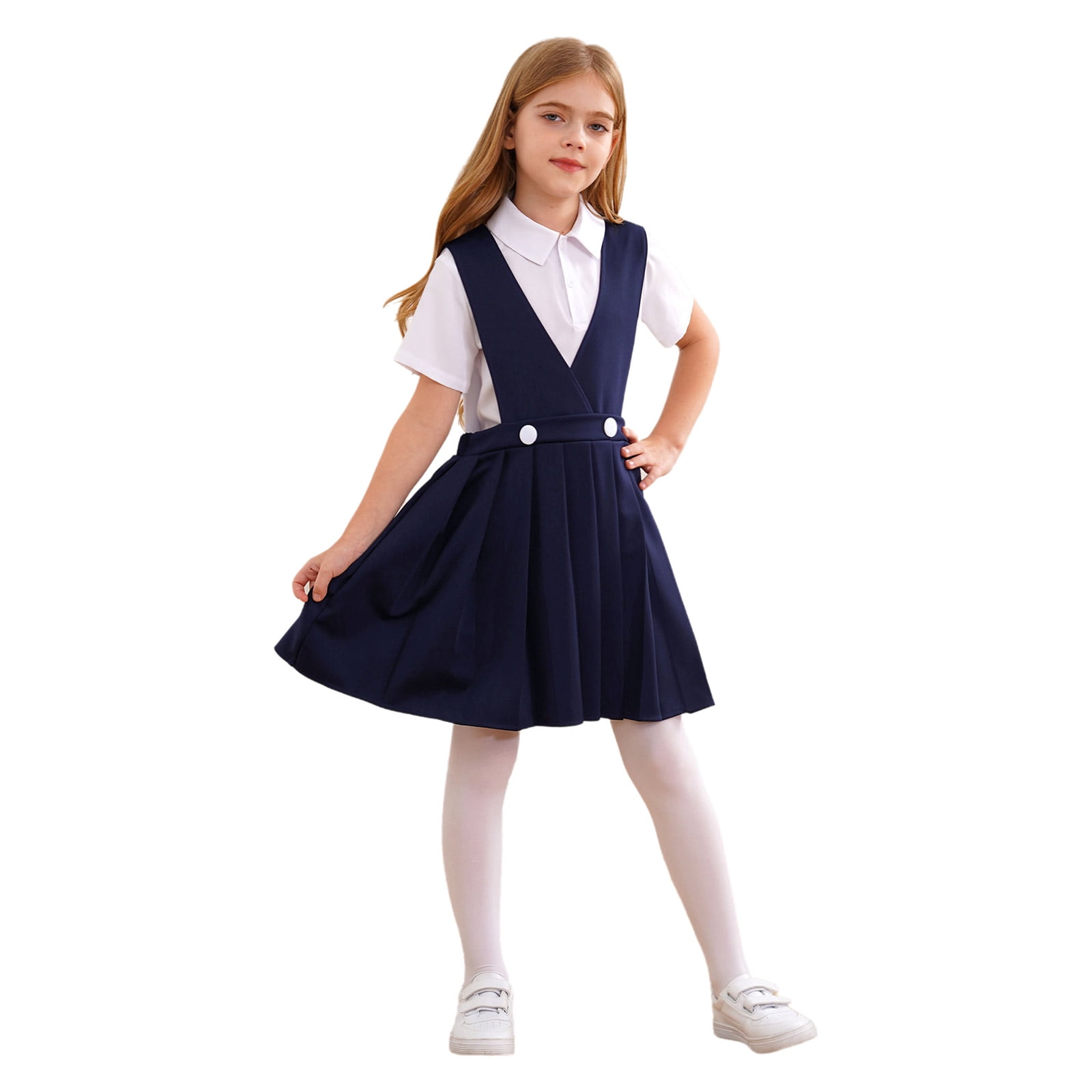 TSSOE Big Girls Deep V Neck School Uniform Jumper Dress Kids Solid Color Sleeveless Pleated ...