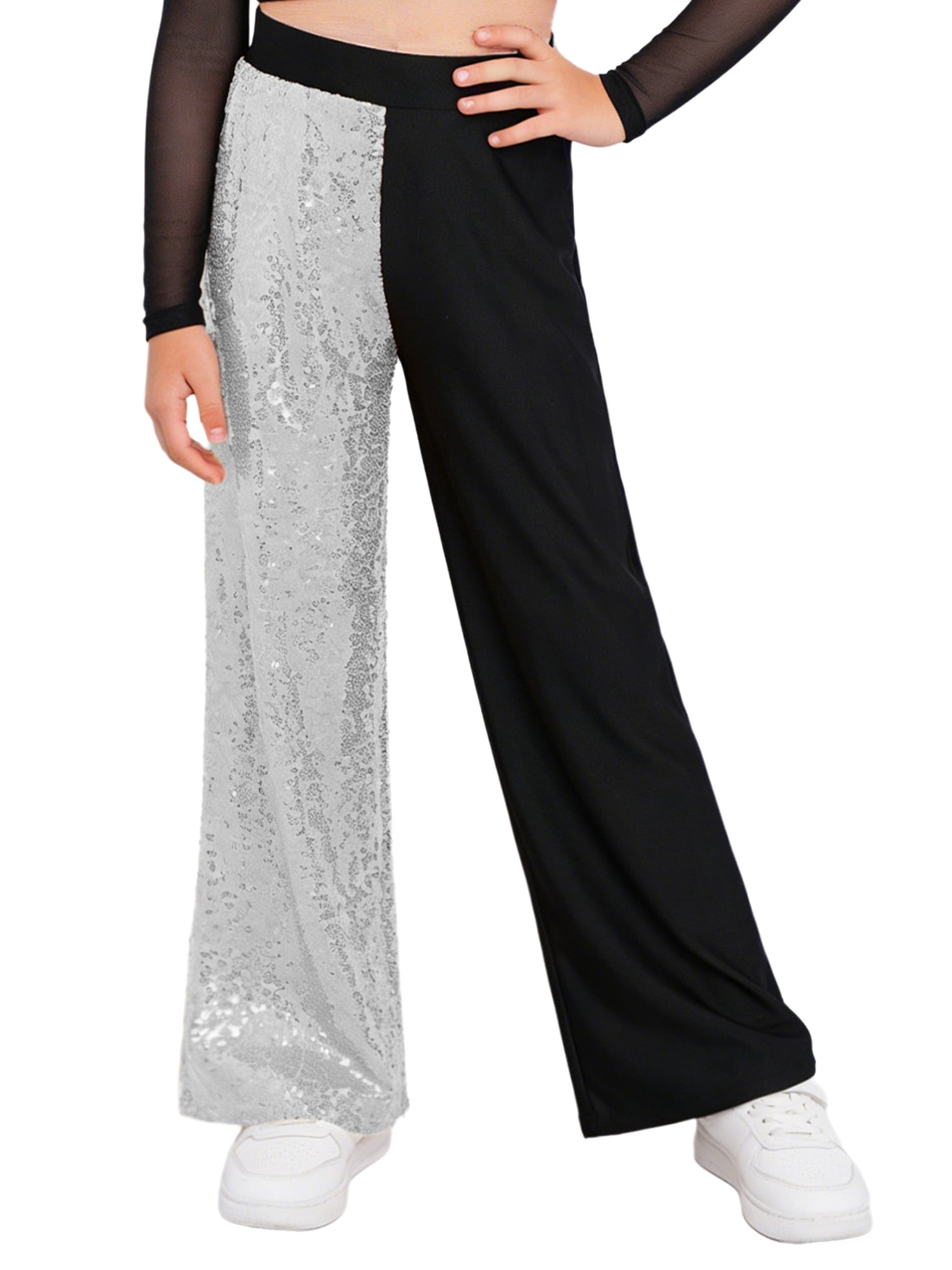 TSSOE Girls Hip Hop Dance Pants Sequin Contrast Color Wide Leg Trousers ...