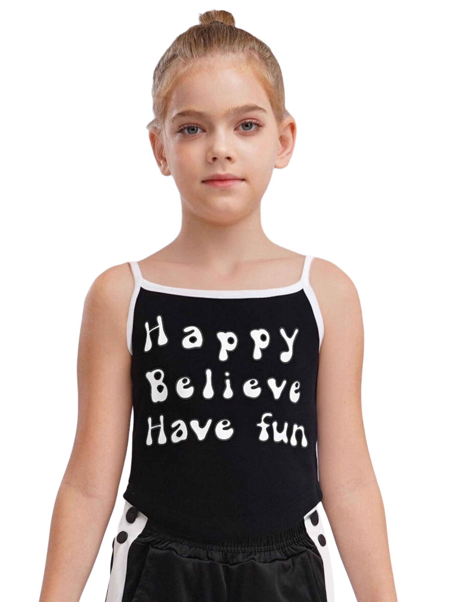 TSSOE Girls Letter Print Crop Top Contrast Color Spaghetti Strap Shirts ...