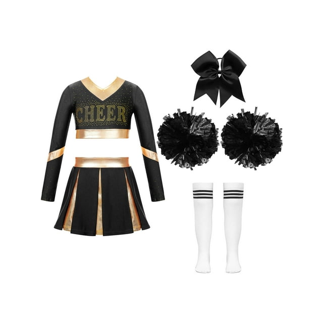 TSSOE Kids Girls Cheer Leader Team Uniform Long Sleeve Crop Top Skirt ...