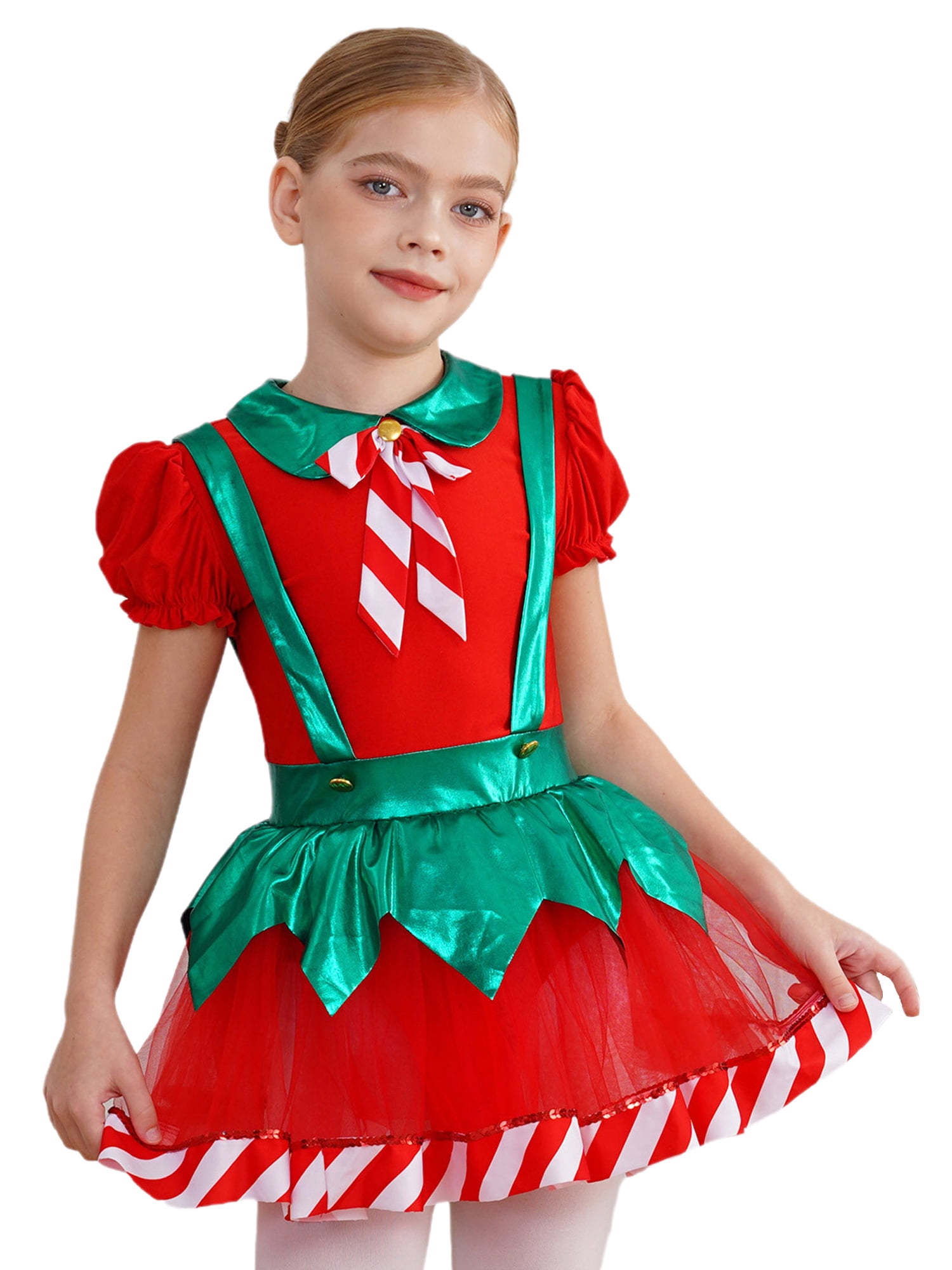 TSSOE Kids Girls Christmas Elf Princess Clothes Puff Sleeve Suspender ...