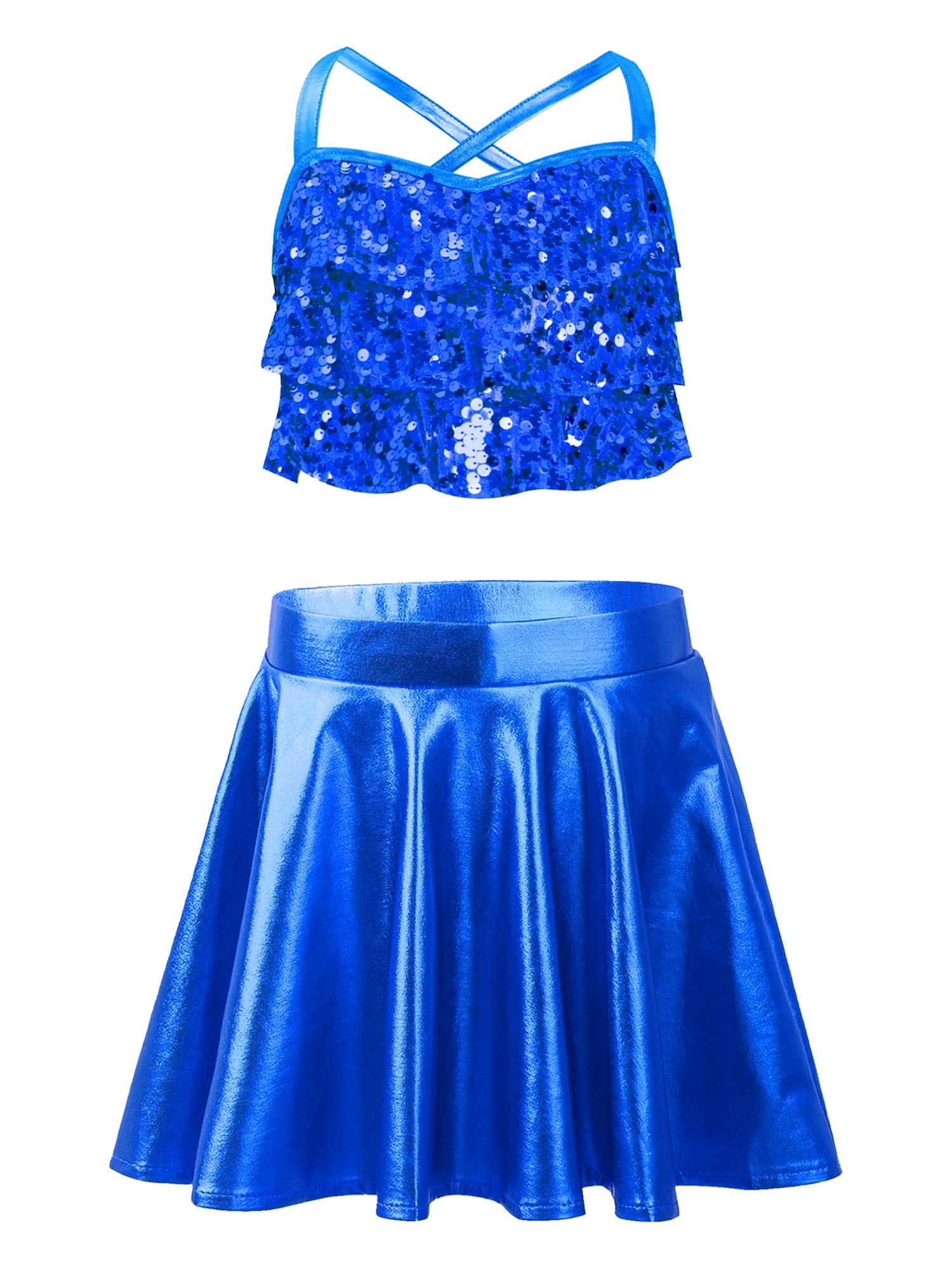 TSSOE Kids Girls Jazz Dance Performance Dress Tiered Ruffles Crop Top ...